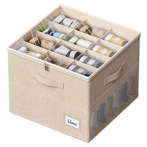 Shoe Organizer for Closet with Fabric Shoe Storage Bins - Clear Cover, Adjustable Dividers, and Foldable Bottom Support for 12 Pairs in Clear Storage Containers (Beige, (15.7 * 15.4 * 12.6) x1)