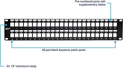 TRENDnet 48-Port Blank Keystone 2U HD Patch Panel, TC-KP48, 2U 19” Metal Rackmount Housing, HD Keystone Network Patch Panel, Recommended w/TC-K25C6 & TC-K50C6 Cat6 Keystone Jacks (Sold Separately)