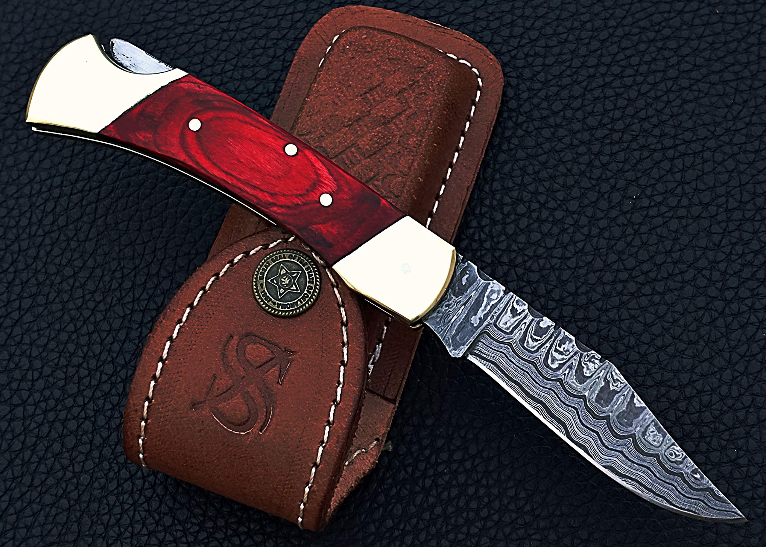 Smart & Sharp Custom Handmade Damascus Steel Folding Knife/Pocket Knife AR-17394 (Red Colored wood) (Red)