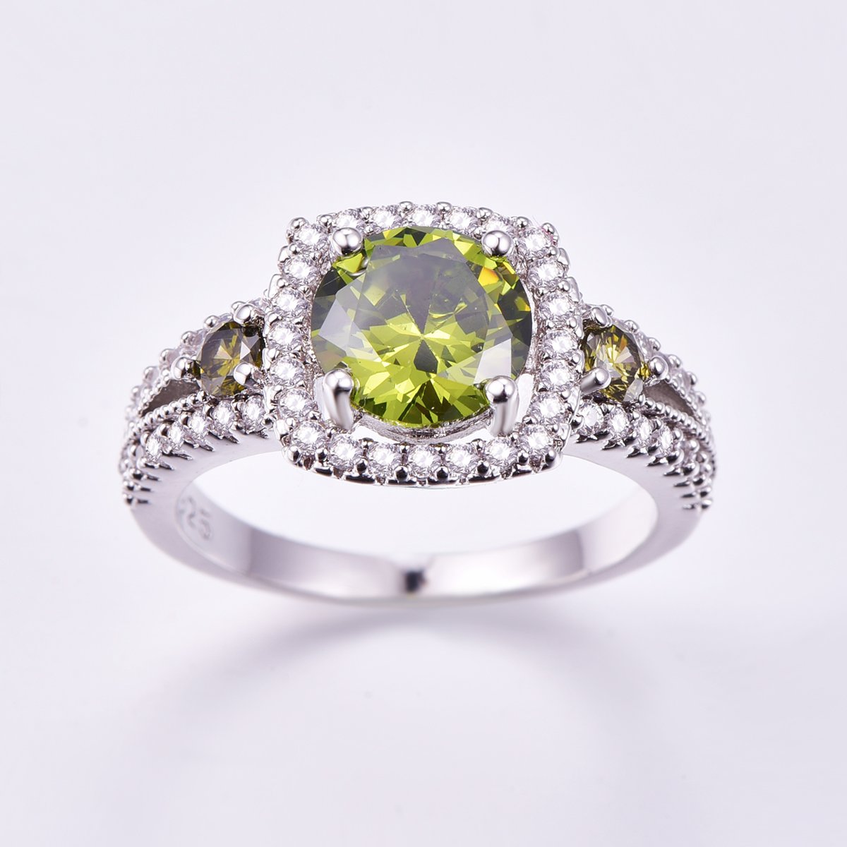 Veunora 925 Sterling Silver Plated 8x8mm Created Peridot Cubic Zirconia Filled Engagement Ring for Women Size 6