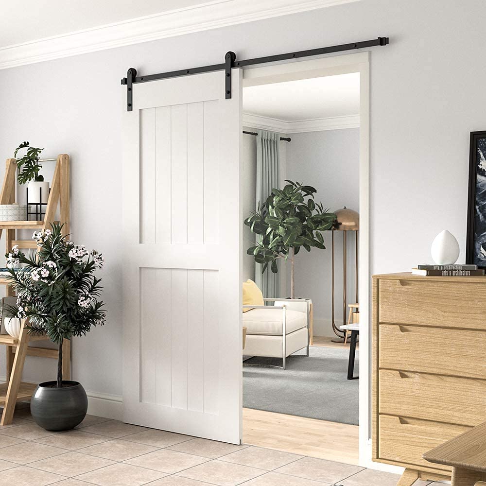 WINSOON 5FT Single Wood Sliding Barn Door Hardware Flat Track Kit with Barn Door Lock Hardware Black Steel Sliding Privacy Latch