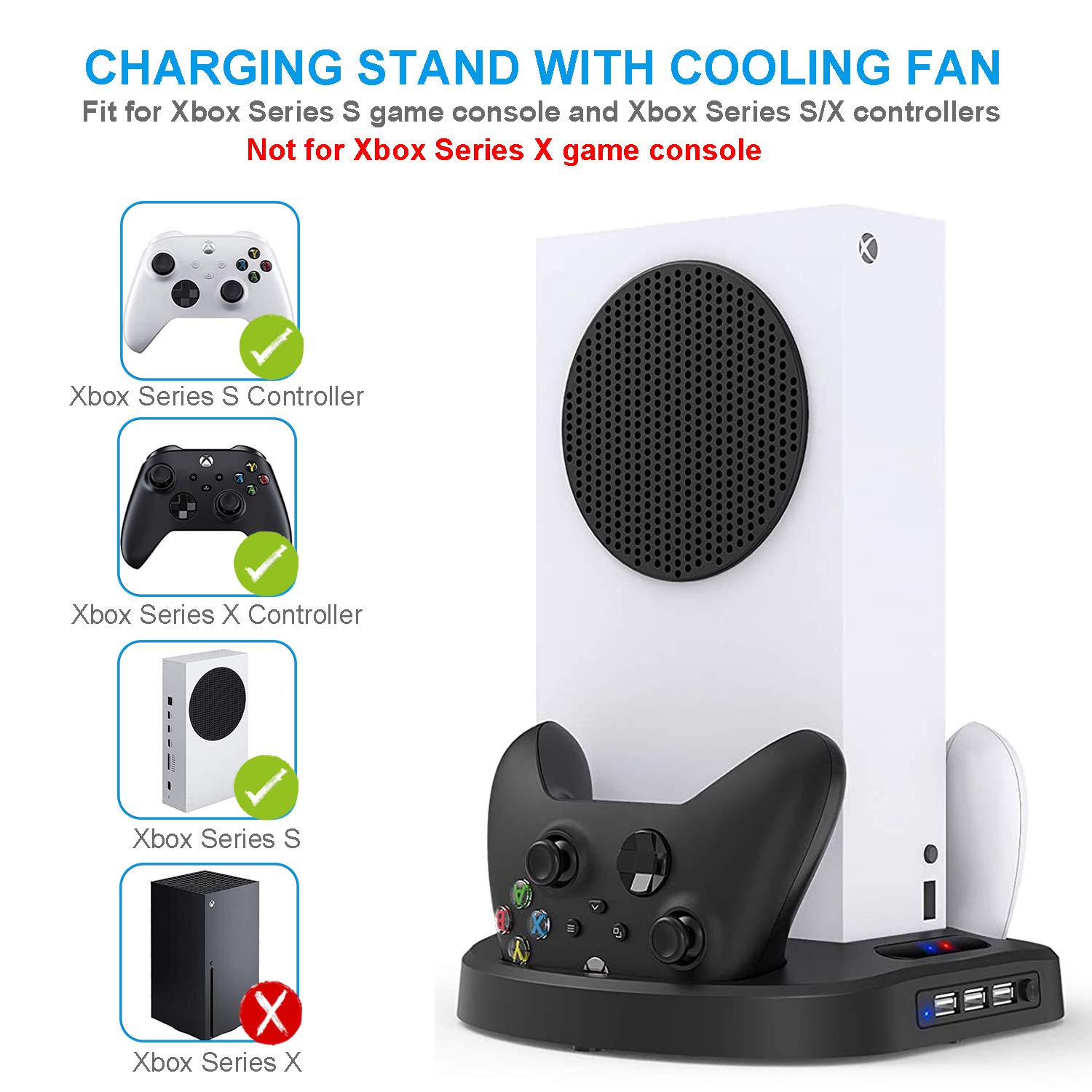 Vertical Cooling Fan Stand for Xbox Series S Console with Charging Stand, LETPLY Cooler Fan System Dual Controller Charger Station for Xbox Series S/X, Charging Station Dock for Xbox Controller
