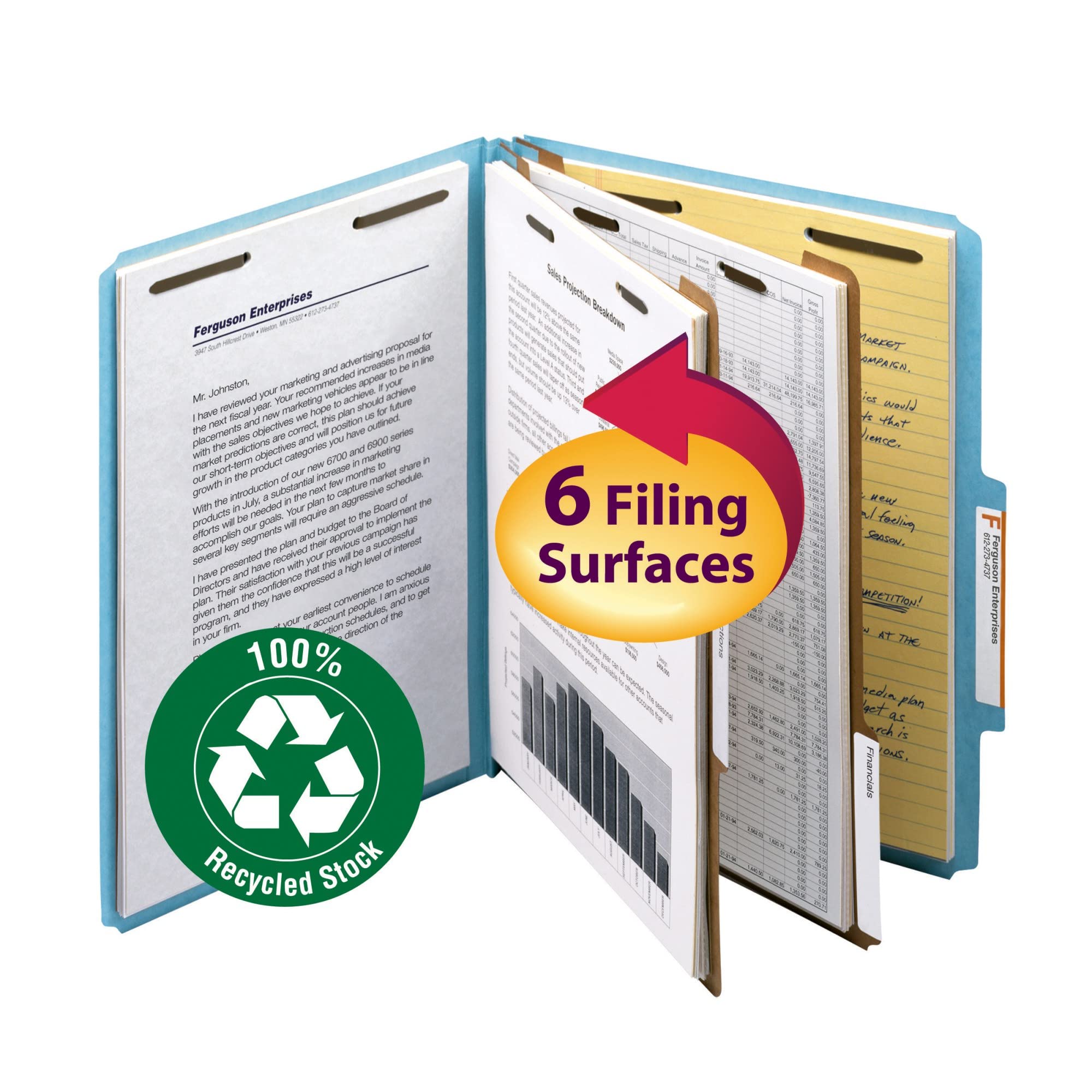 Smead 100% Recycled Pressboard Classification File Folder, 2 Dividers, 2" Expansion, Letter Size, Blue, 10 per Box (14021)