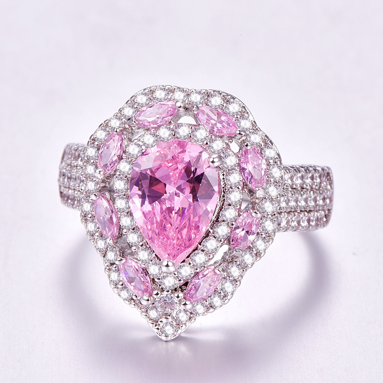 Veunora Gorgeous 925 Sterling Silver Filled 7x10mm Pink Topaz Cubic Zirconia Cluster Cocktail Ring for Women Size 9