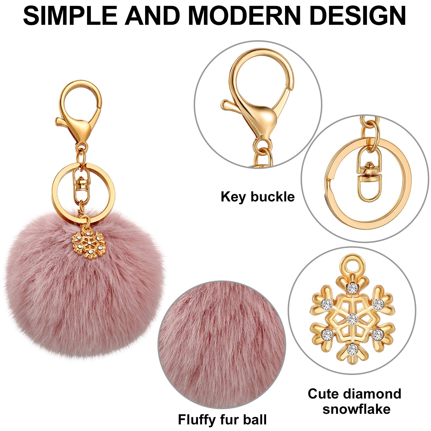 Yaomiao 4 Pieces 3 Inch Pom Pom Keychains Faux Fur Pompom Ball Keyrings with Snowflake (Black, Gray, White, Pink)