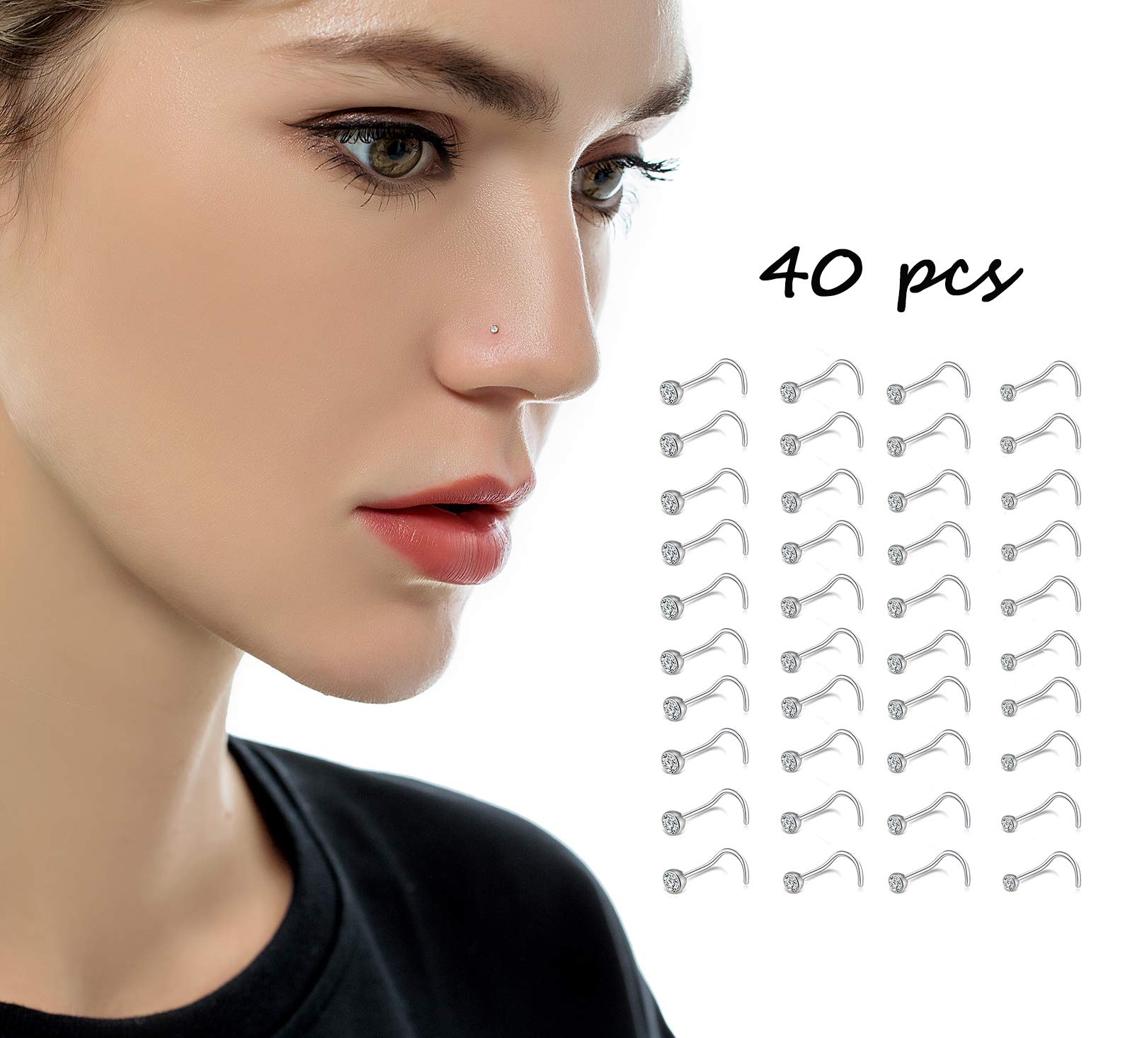 Tornito 20G 40Pcs Stainless Steel Curved Nose Stud Nose Ring CZ L Bone Screw Shaped Nose Screw Piercing Jewelry for Women Men