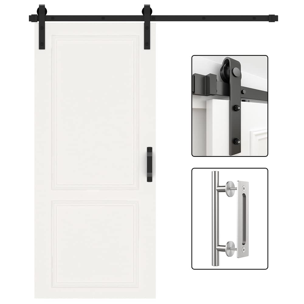 WINSOON 6FT Single Sliding Barn Door Hardware Roller Track Kit with Handles Brushed Nickel with Sliding Barn Door Handles Brushed Nickel