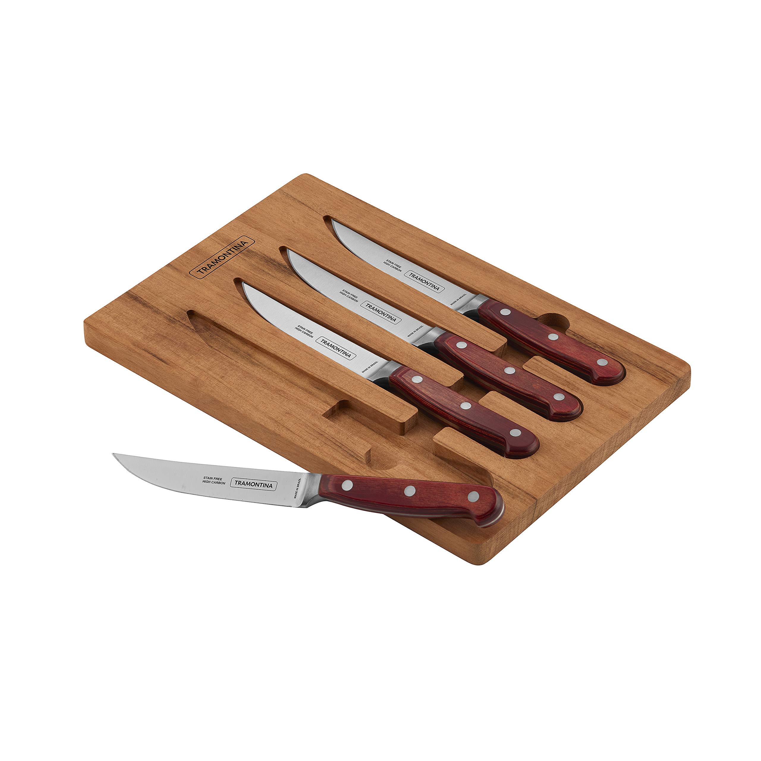 Tramontina 5-inch Forged Steak Knife Set with Wood Storage Tray and Handles (4-Piece), 80028/010DS