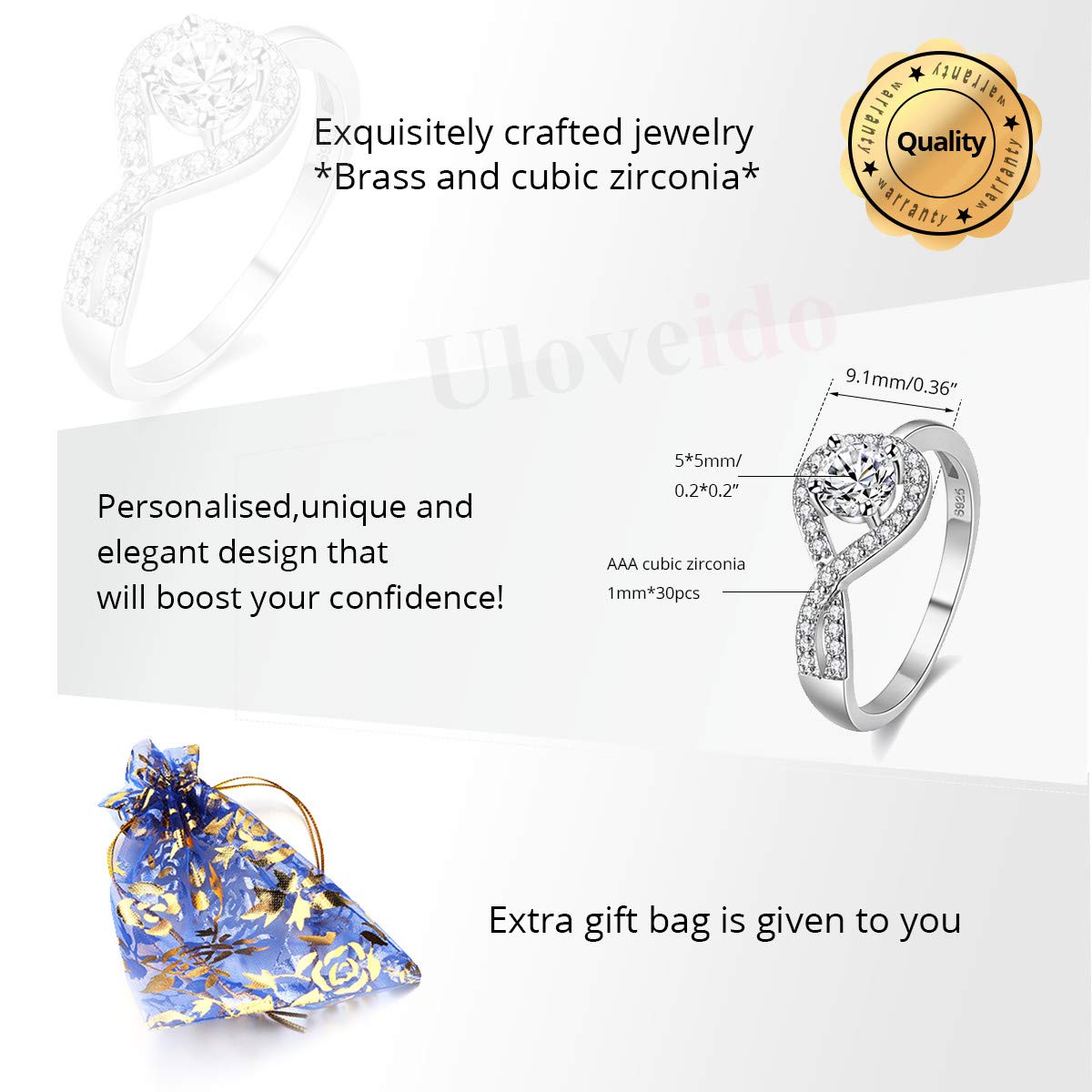 Uloveido Rhodium Plated Teardrop Hollow Swirl Infinity Ring Lab Created Diamond Wedding Anniversary Rings for Women (Size 9) WX022