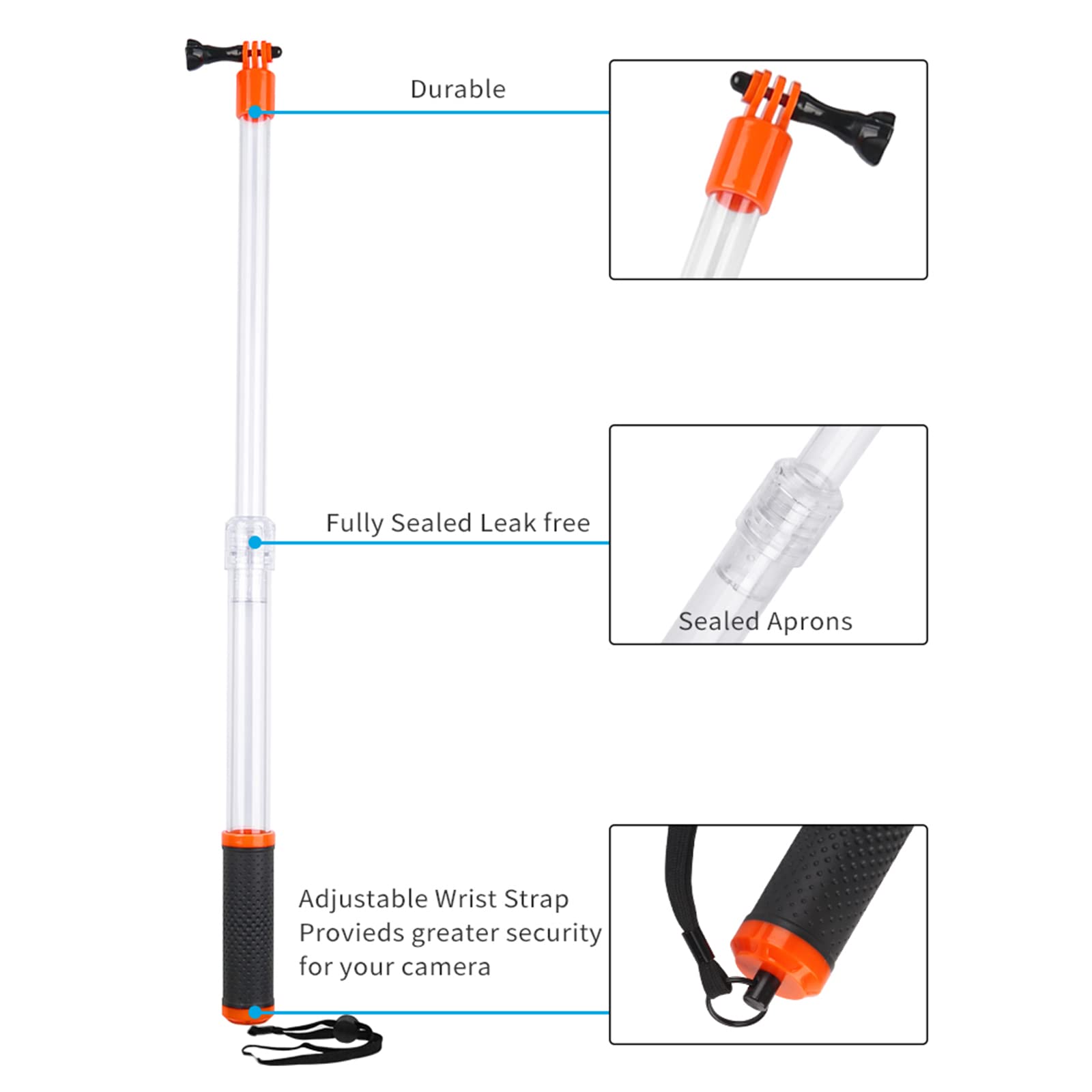 TELESIN Waterproof Transparent Floating Monopod Extendable Selfie Stick for GoPro Hero 9/8/7/6/5/4 Osmo Action Insta360