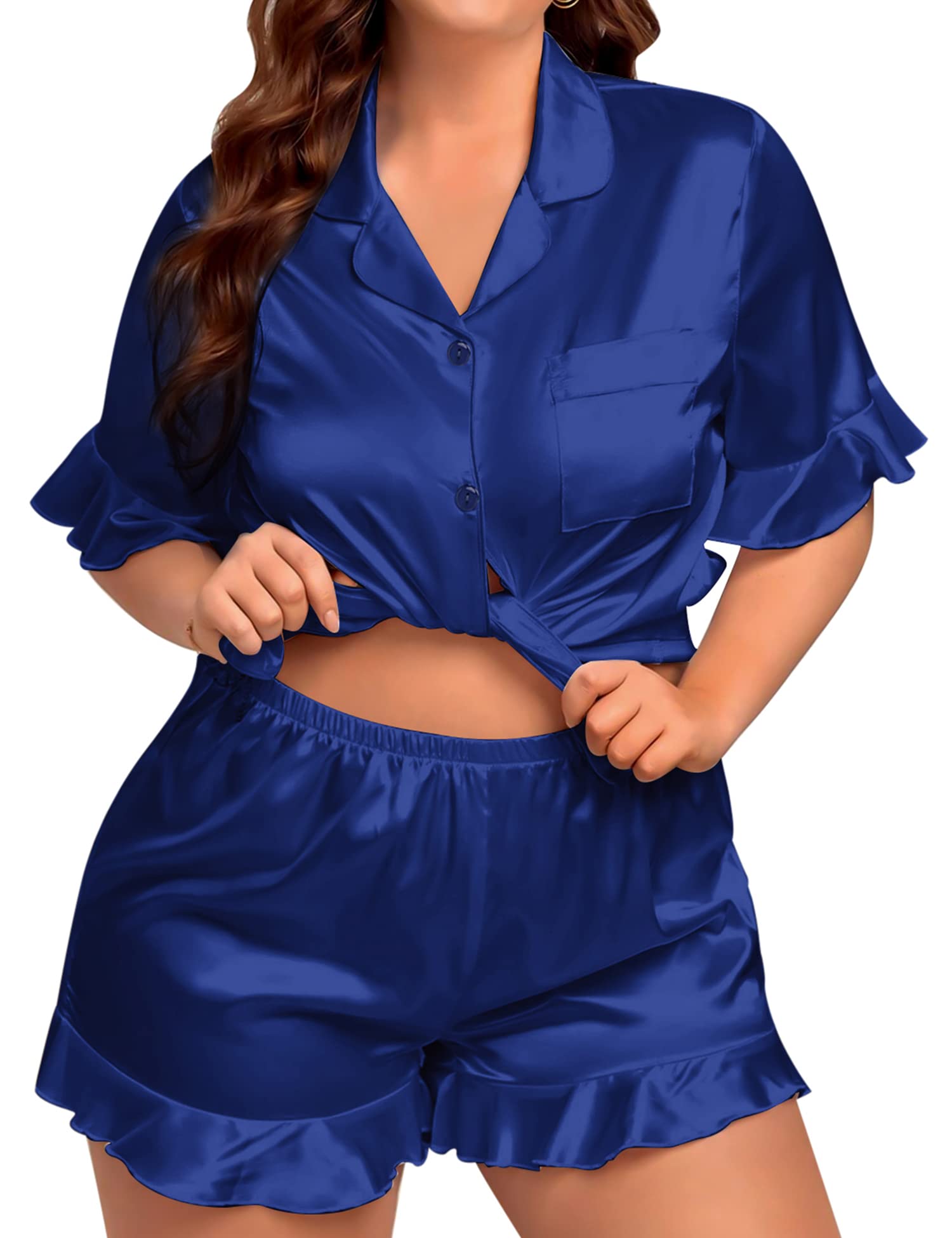 SWOMOG Womens Plus Size Pajamas Satin Silk Short Sleeve Pjs Sets Ruffle Shorts Plus 2 Piece Sleepwear Summer Pj with Pocket Navy Blue