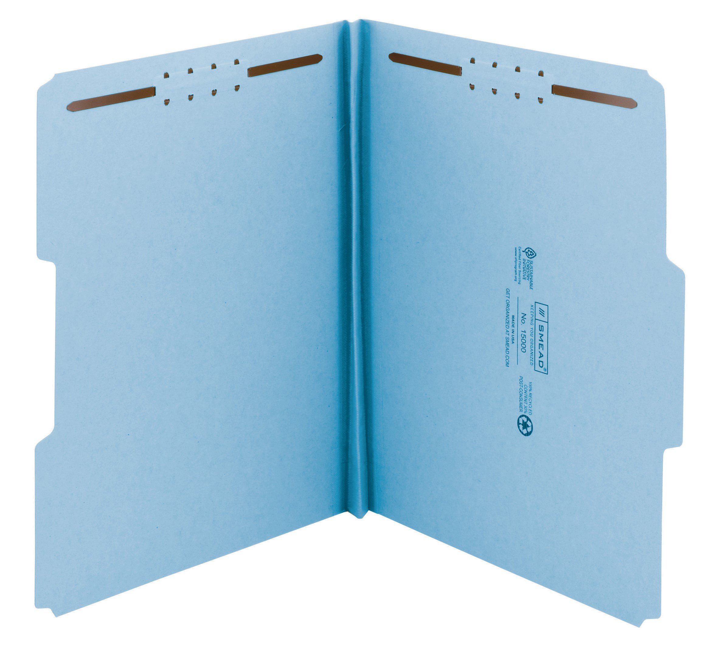 Smead 100% Recycled Pressboard Fastener File Folder, 2 Fasteners, 1/3-Cut Tab, 1" Expansion, Letter Size, Blue, 25 per Box (15000)