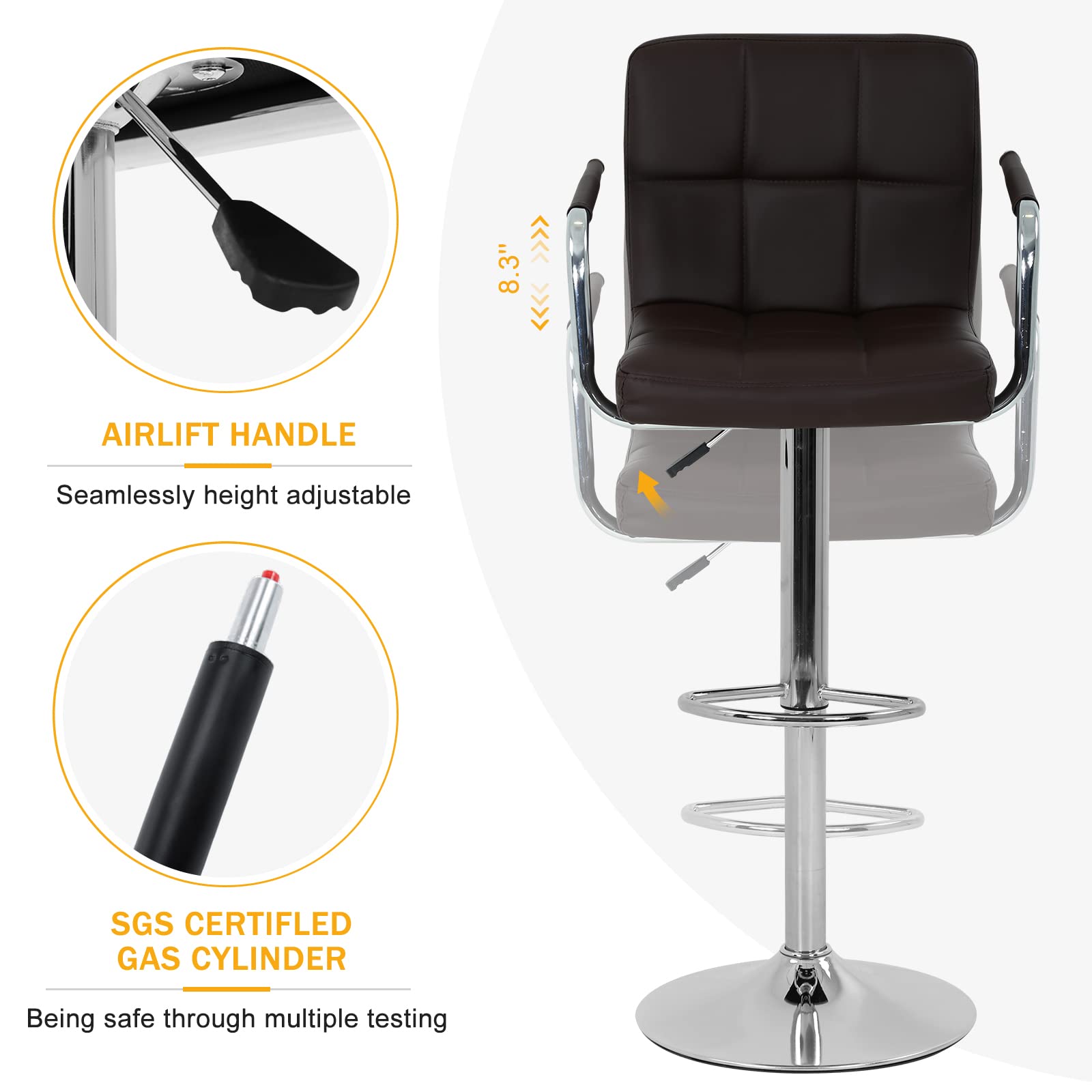 Tyyps Bar Stools Set of 2 Black Bar Chairs Arms, 360 Degree Swivel Counter Height Stools Adjustable Bar Stool Back and PU Leather Bar Chair Modern Island Chairs for Kitchen Dining Room Pub (White)