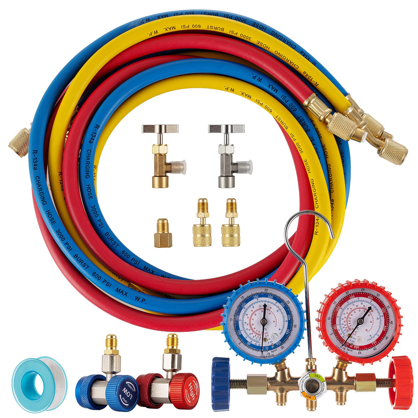 SHZOND Vacuum Pump 3.5CFM 1/4HP Single Stage Air Vacuum Pump HVAC with R134A R410A Kit AC A/C Manifold Gauge Set