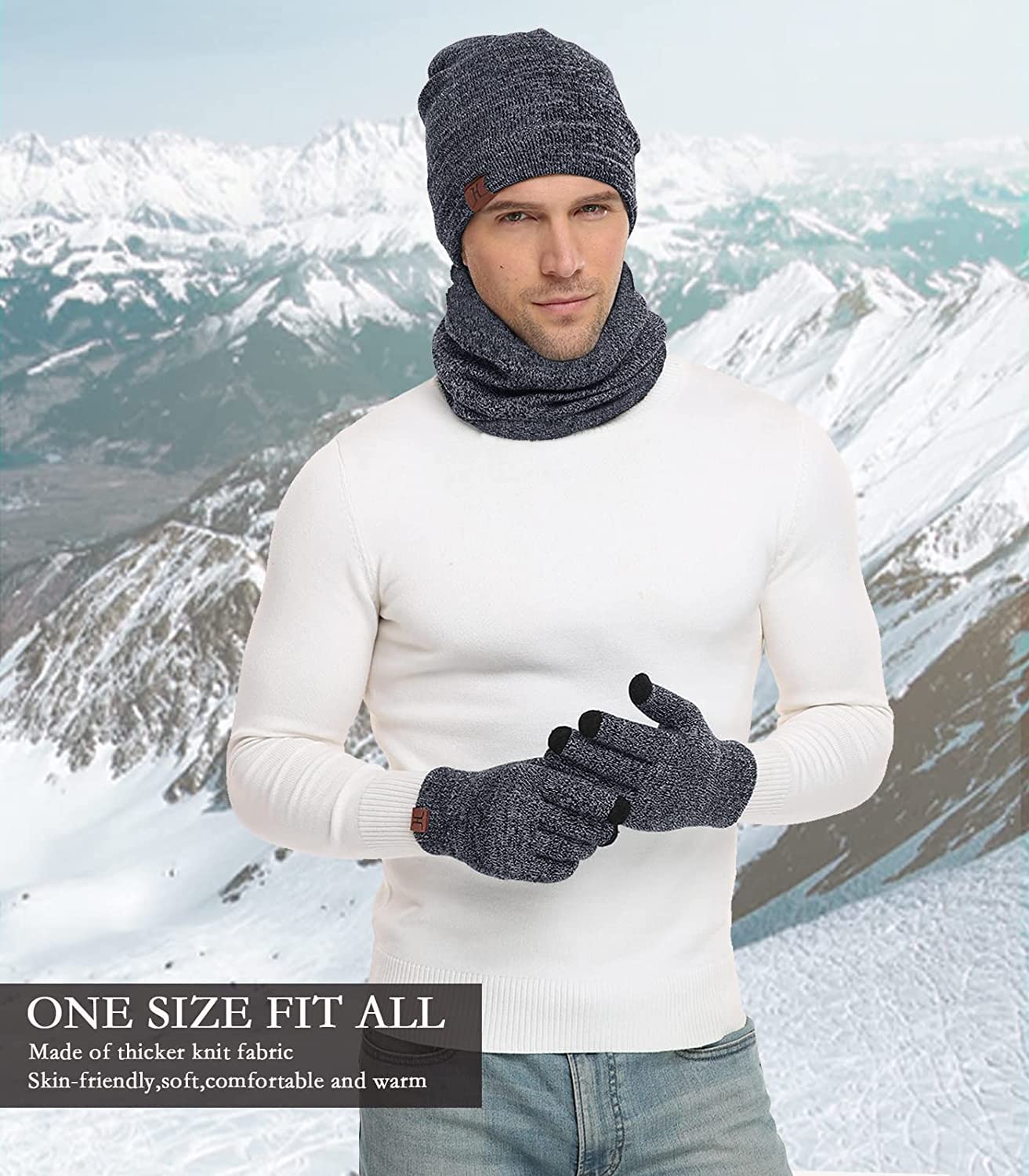 Winter Beanie Hat Scarf Touchscreen Gloves Set for Men and Women, Beanie Gloves Neck Warmer Set with Warm Knit Fleece Lined Navy Blue