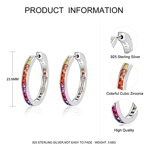 WES 925 Sterling Silver Hoop Earrings Colorful Cubic Zirconia Rainbow Hoop Earrings (Rainbow Earrings)