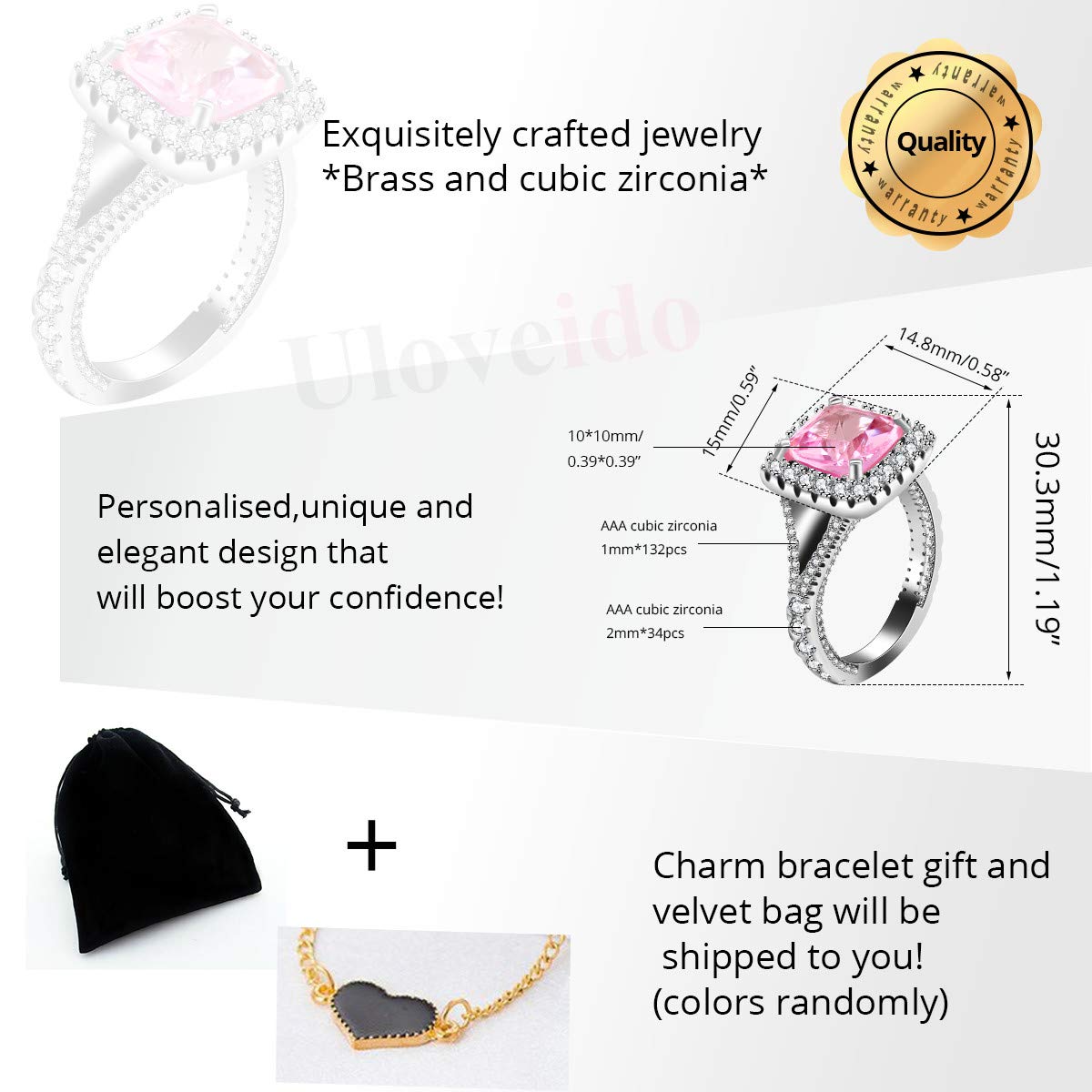 Uloveido Women's Silver Color 3 Carats Cushion Cut CZ Elegant Ring Big Pink Crystal Square Wedding Engagement Bridal Rings Halo Y586 (Size 7)