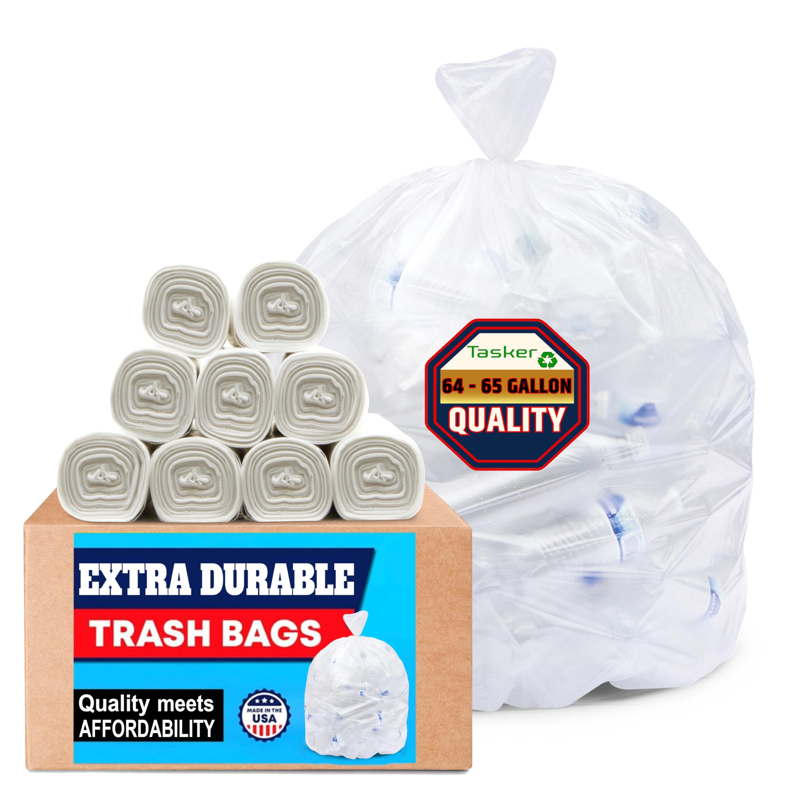 Tasker 64-65 Gallon Clear Trash Bags, Clear Recycling Bag (Huge 120 Count) 60 Gallon Clear Extra Large Recycling Garbage Bags