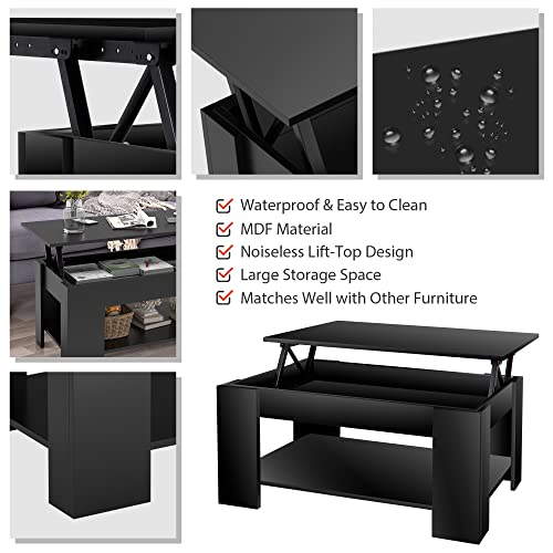 SUPER DEAL Lift Top Coffee Table with Hidden Compartment and Storage Shelves, Modern Rising Tabletop Dining Table with Sturdy Metal Frame for Living Room Reception Room, 38.5 in L, Black