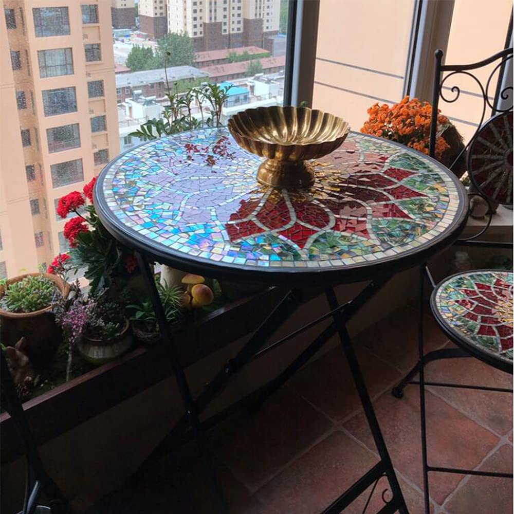 XIAOLIN Mosaic Side Table,Outdoor Garden Patio Tile Top Accent Desk with Round Hand Painted Glass, 23.6" Diameter