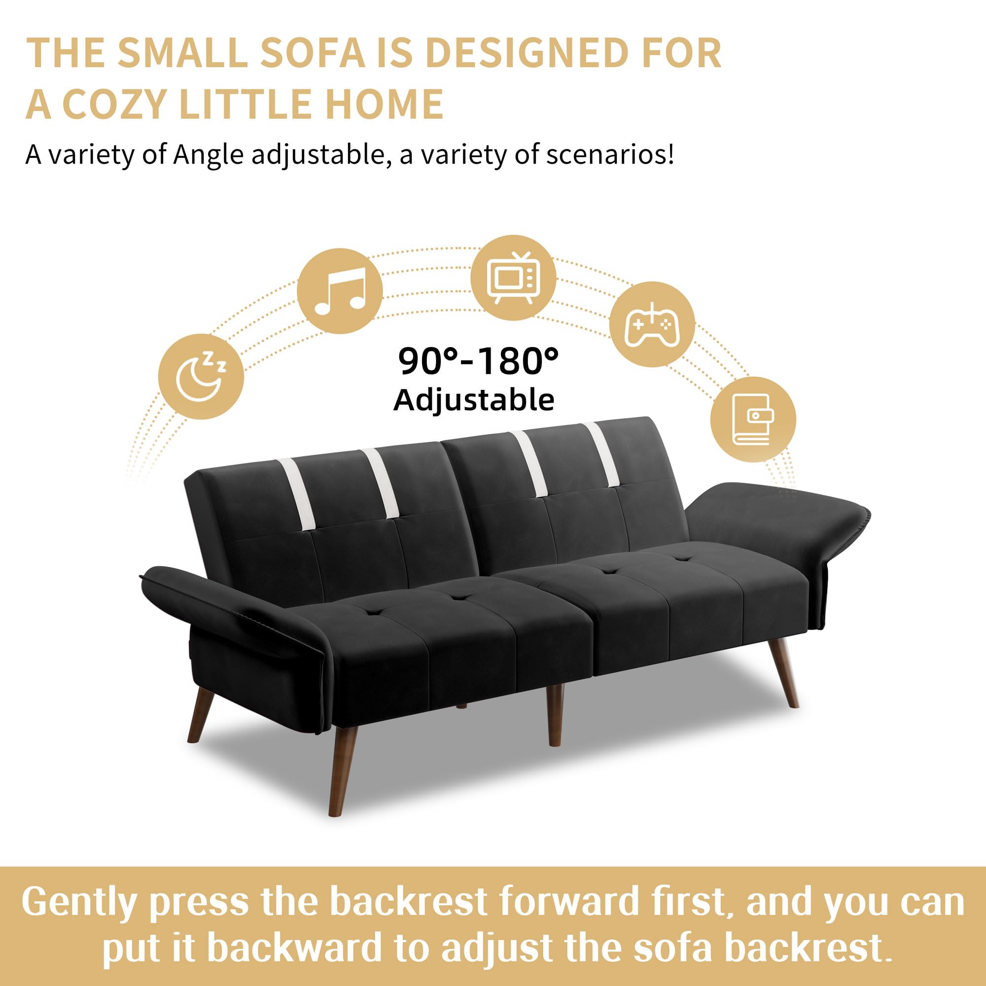 Shintenchi Futon Sofa Bed Modern Folding Sleeper Couch Bed for Living Room,Velvet Loveseat Sofa Couch Sofa cama for Apartments Office Small Spaces,w/Adjustable Armrests Backrest,Ivory White