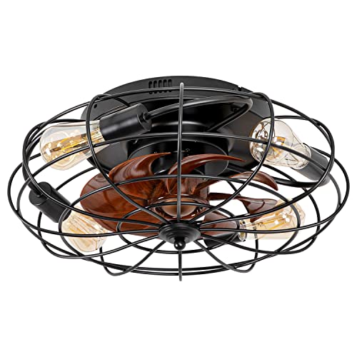 SYXLCYGJ Flush Mount Ceiling Fans with Lights, 3-Speed Reversible Ceiling Fan with Remote Control, 4xE26 Bases, 20 inch, Black