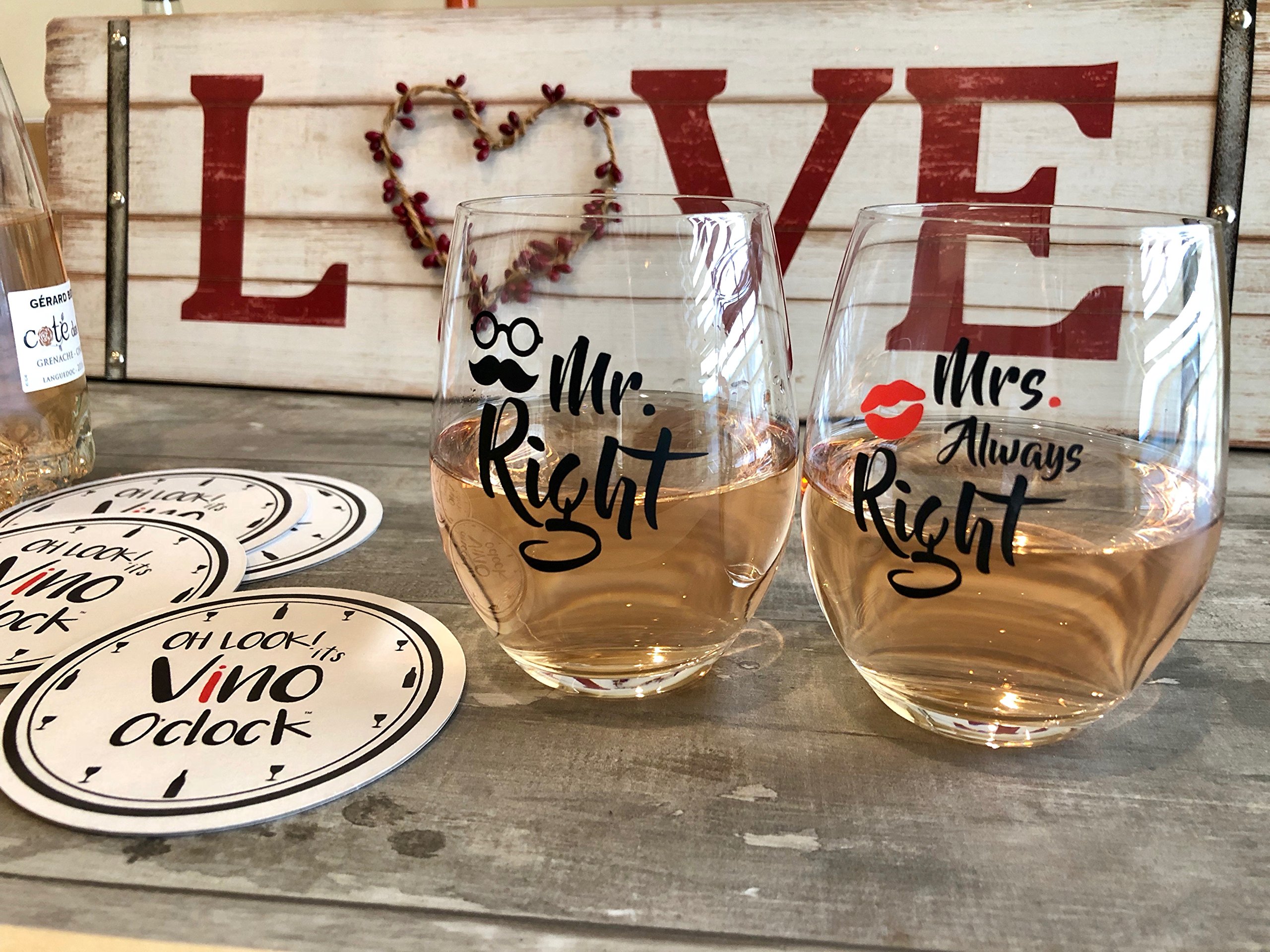 Vino O'clock Mr Right and Mrs Always Right Wine Glasses Gift Set For Bridal Shower, Married Couples, Weddings, Engagements, Newlyweds, Anniversary / 16oz