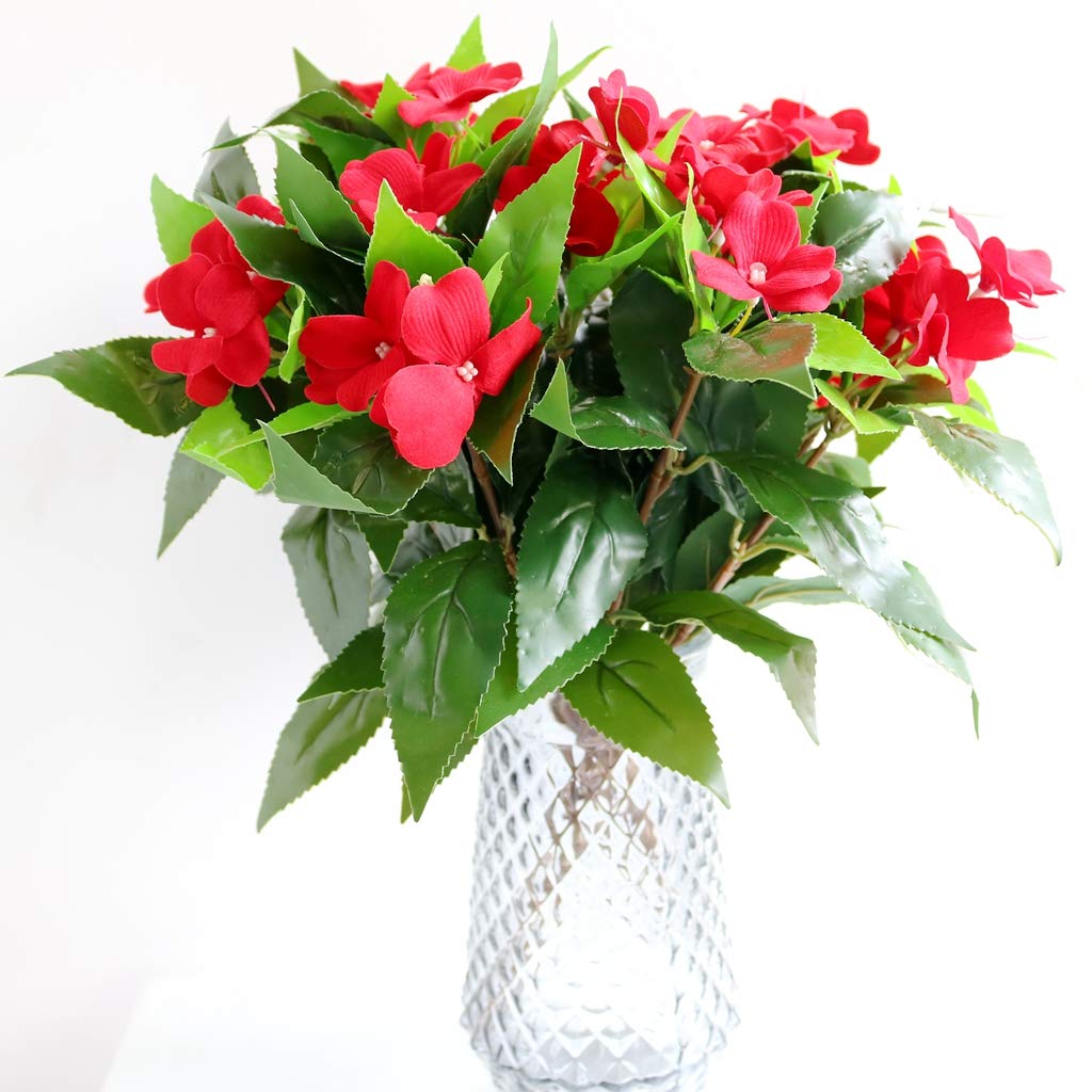 Xilyya 2PCS Artificial Impatiens Bushes Silk Flowers Greenery Indoor Garden Office Wedding Decor (Red)