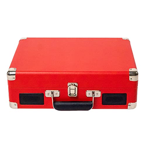 VICTOR Metro 3-Speed Portable Suitcase Turntable Record Player with Dual Bluetooth in & Out and Built-in Stereo Speakers, Red