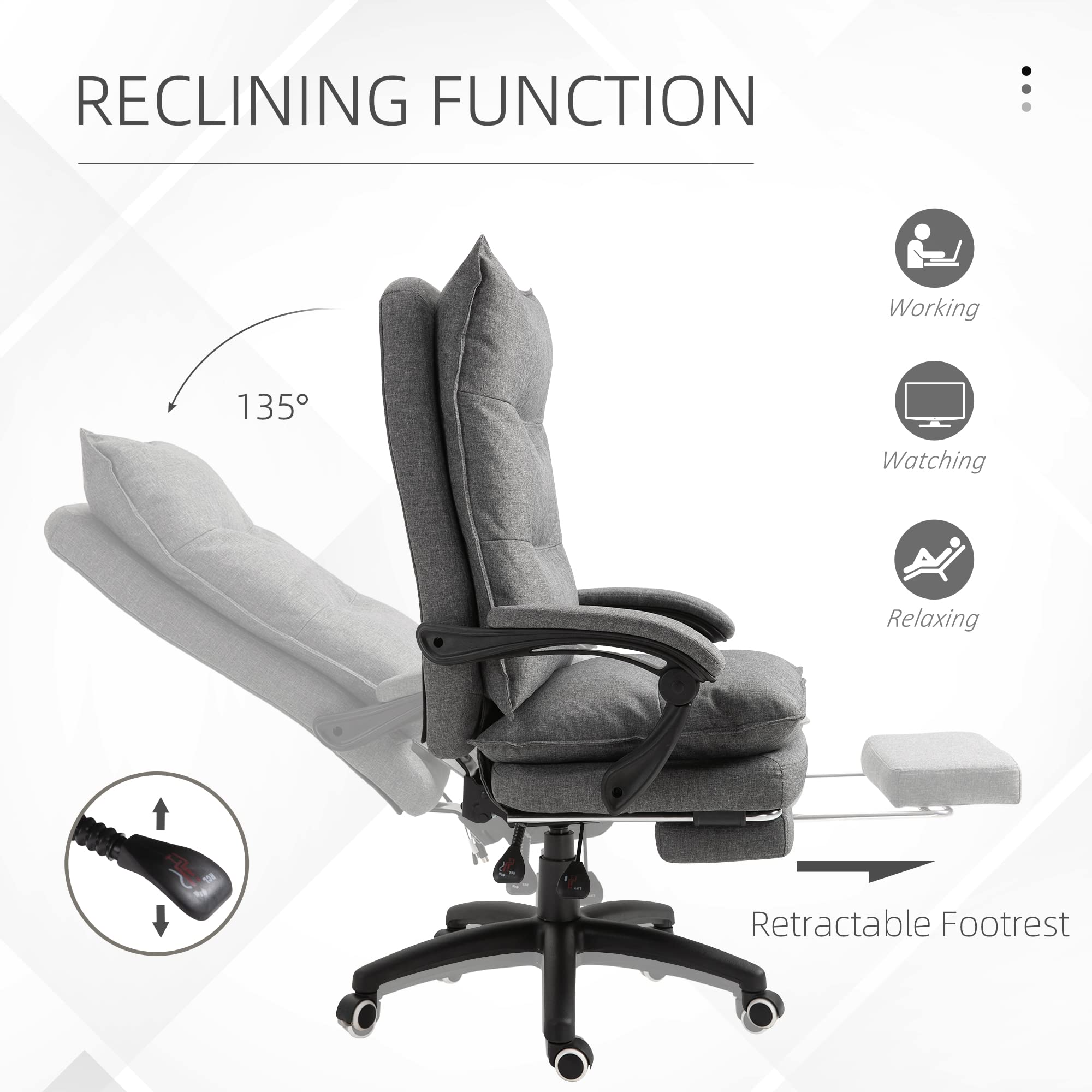 Vinsetto 360° Swivel Executive Home Office Chair Adjustable Height Linen Style Fabric Recliner with Retractable Footrest and Double Padding, Grey