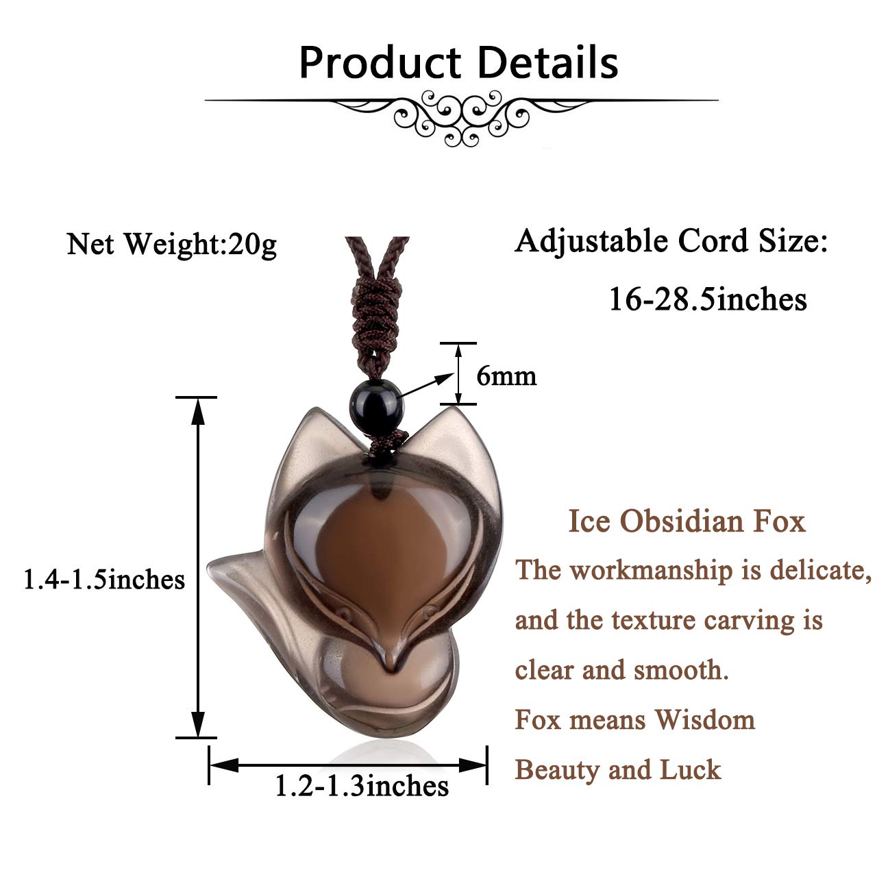 Top Plaza Womens Reiki Healing Crystal Ice Obsidian Gemstone Necklaces Adjustable Lucky Fox Amulet Protection Pendant Necklace Fox Jewelry