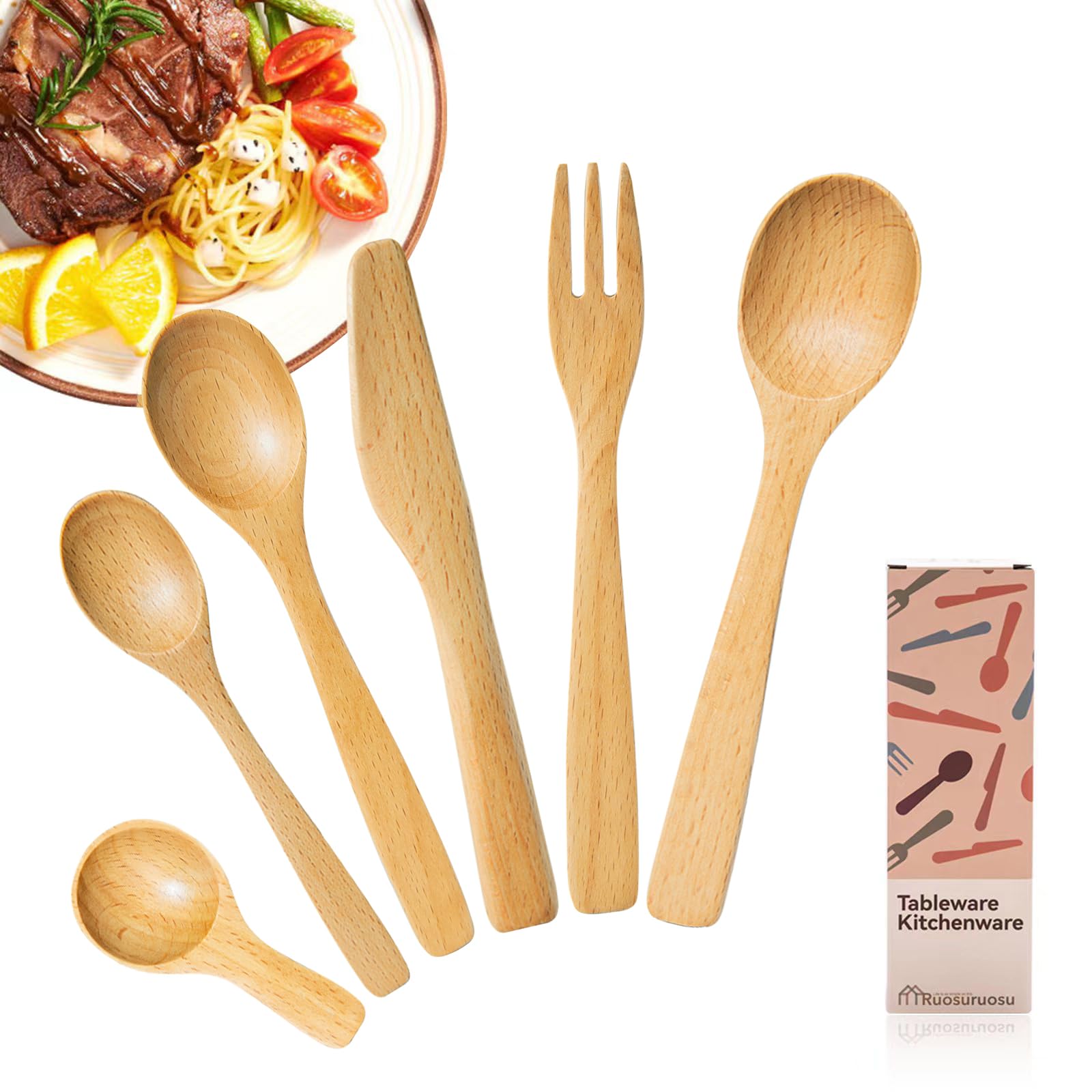 Wooden Spoon for Eating, Fork and Knife Set(6 pcs), Salad Spoon, Spreader Knife, serving spoon, Small Scoops for Canisters, Coffee Spoon, Portable Travel Tableware, Natural Wood Cutlery Set Reusable