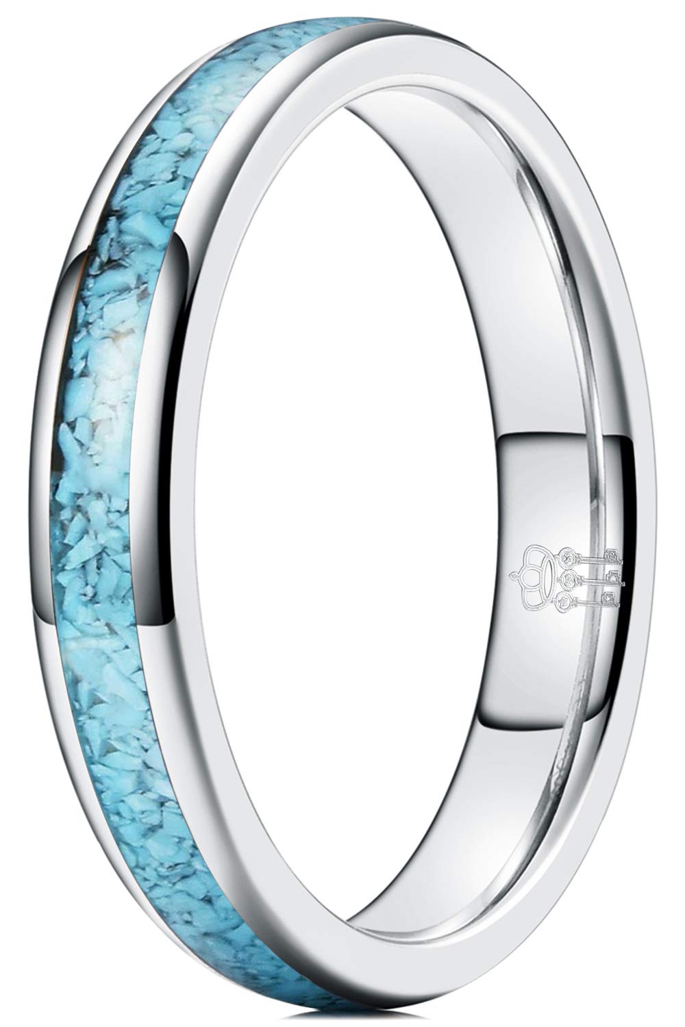 THREE KEYS JEWELRY Women Wedding Bands 4mm Tungsten Viking Carbide Created-turquoise Granules Ring with Jewels Flat Polished Infinity Unique for Her Silver Size 8
