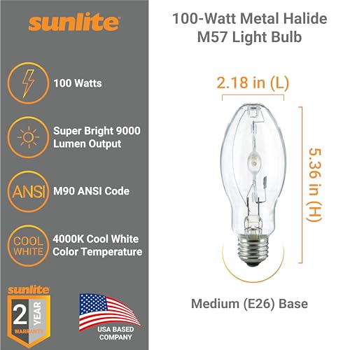 Sunlite 03645-SU MH100/U/MED M90 Metal Halide Lamp, 100 Watts, Pulse Start, Medium Base (E26), ED17, 12,000 Hours Life, 9000 Lumen, Clear Finish, 4000K