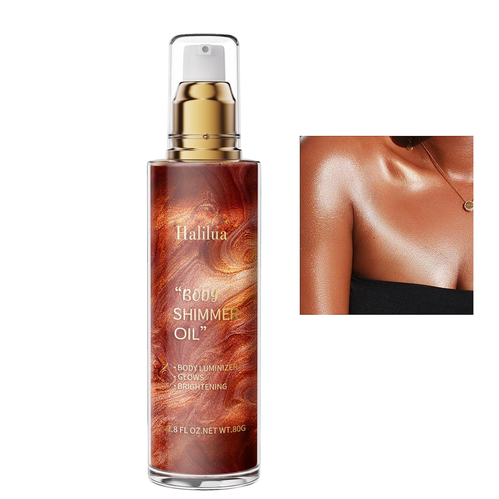 Shimmer Body Oil, 4 Colors Face and Body Liquid Luminizer, Waterproof Moisturizing Light Shimmer Glow Illuminator Liquid Highlighter Makeup, Liquid Illuminator Body Highlighter 2.8oz/Jars (Halilua-shimmeroil-4#)