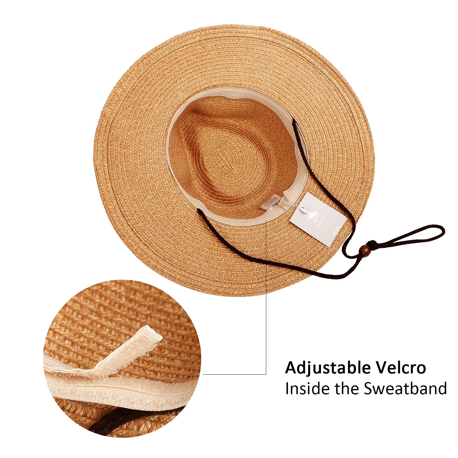 Womens Straw Sun Hat Classic Flat Beach Hat Mens Garden Hat Cowboy Style Hat with Wind Lanyard UPF 50+ Summer Hat Khaki