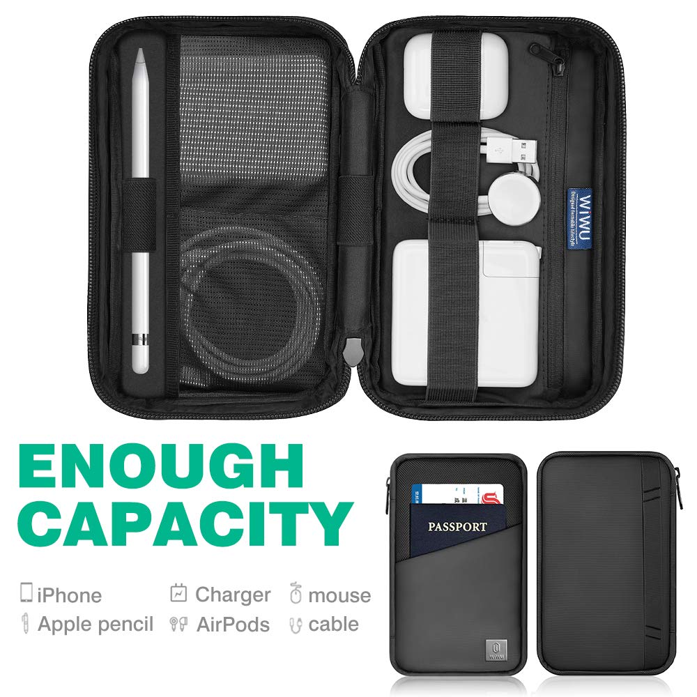 WIWU Travel Cable Organizer Bag, Waterproof Electronics Accessories Pouch Bag for Apple Pencil,Hard Drives, Cable, Charger, Phone, USB, SD Card (Black