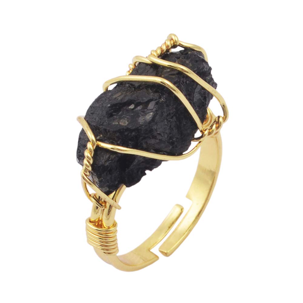ZENGORI Irregular Natural Stone Healing Crystal Black Tourmaline Wire Wrapped Adjustable Ring WX1796-BK