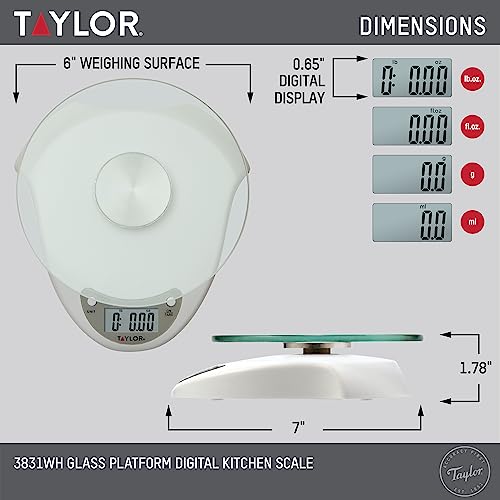 Taylor Digital Kitchen Scale with Glass Platform, Tare Button, and Plastic Body Weighs up to 11 Pounds Capacity, White
