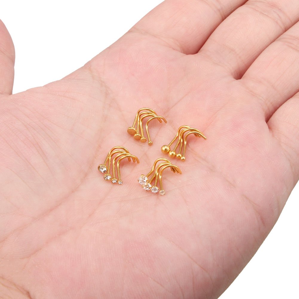 Ruifan 16PCS 20G Surgical Steel 1.5mm 2mm 2.5mm 3mm Top Flat & Ball & Clear Round & Jeweled Clear CZ Curved Nose Stud Ring Screw Piercing Jewelry - Gold