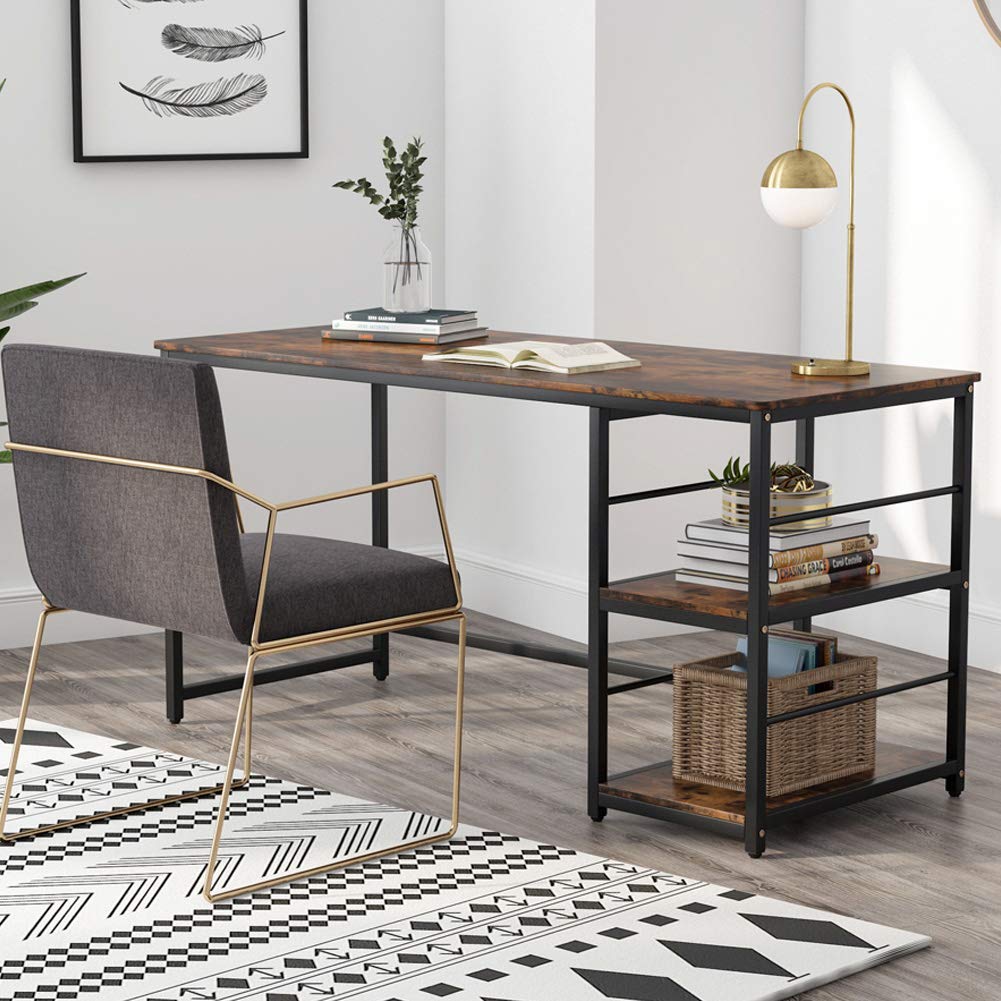 Tribesigns 55 Inch Computer Desk with 2-Tier Storage Shelves, Rustic Modern Home Office Desk Study Table Studying Writing Desk Workstation for Home Office (55 Inch, Retro Brown)