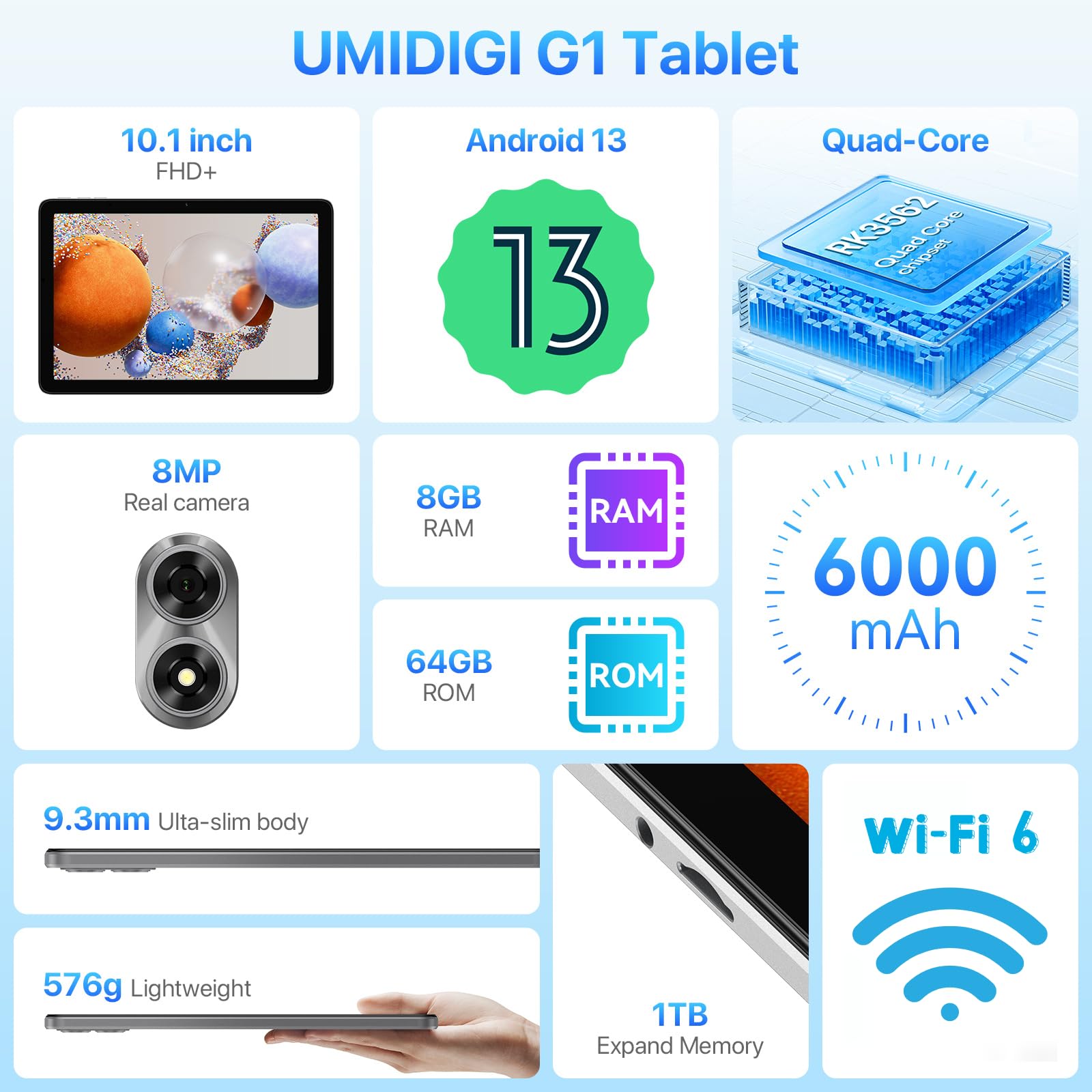 UMIDIGI G1 Tab Android 13 Tablet 2024, 8(4+4) GB+64GB 1TB Expand, Wi-Fi 6 Model, 10.1 inch Tablet with Quad-Core Processor up to 2.0 GHz, 6000mAh, Dual Camera, BT, 1280 * 800 HD IPS Touch Screen