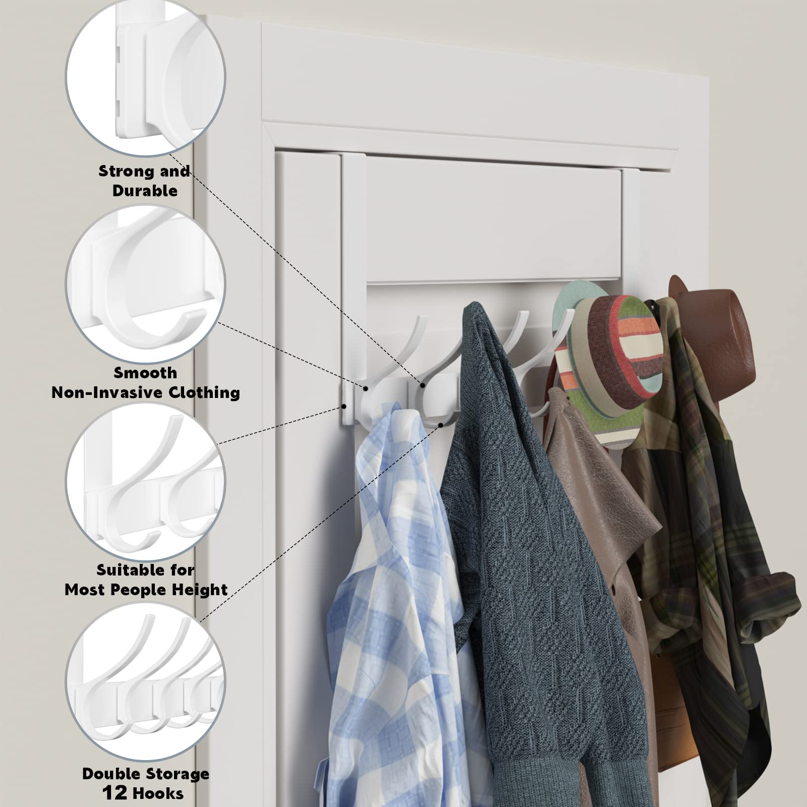 Peasulin Over The Door Hooks, Sturdy Door Hanger, Large Over The Door Towel Rack with 12 Hooks, Heavy Duty Easy to Install, for Bathroom, Bedroom,Kitchen,Hanging Towels, Coats (White).