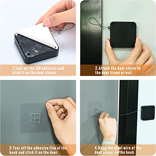 Upgraded Punch-Free 800g Automatic Screen Door Closer, Storm Door Closer, Sliding Screen Auto Door Closer with Steel Drawstring for Bathroom, Bedroom, Studyroom, etc (Black)