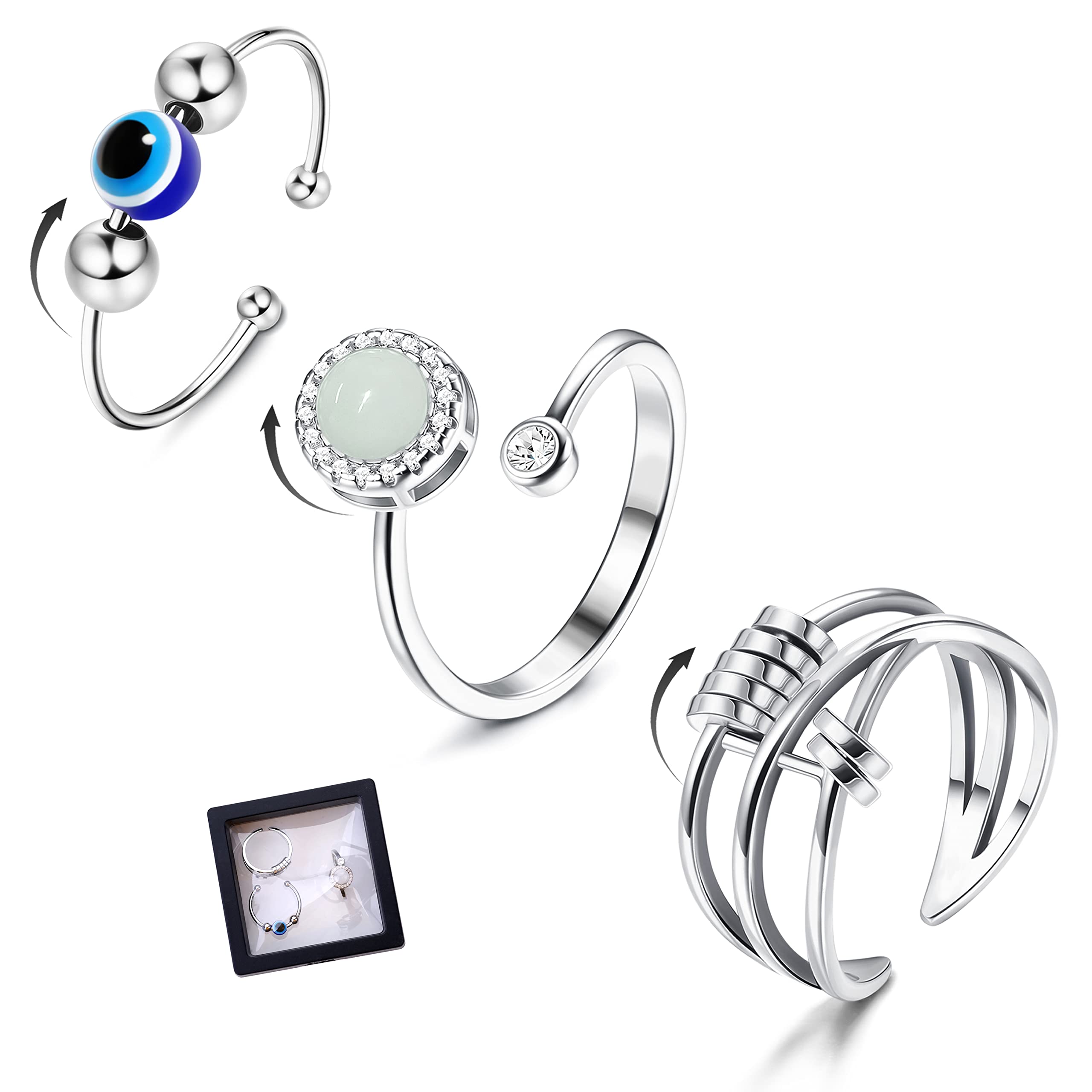 ZELORES 8Pcs Adjustable Fidget Rings for Anxiety White Gold Plated Beads Flower Evil Eye Ring Set Anti Anxiety Ring For Women