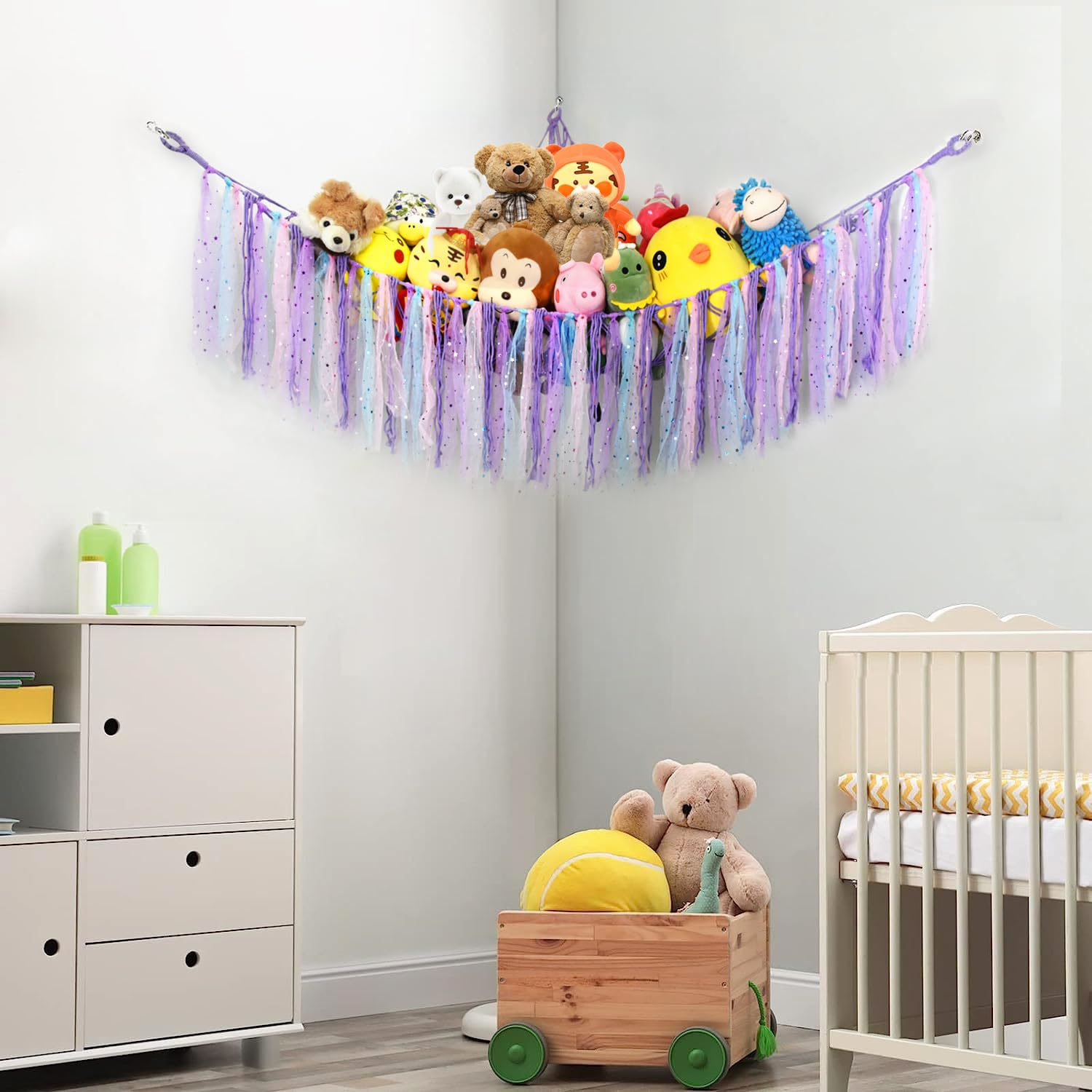 Stuffed Animals Net or Hammock with LED Light, 59 inch Mesh Toy Hammock Net for Stuffed Animals Holder Corner Organizer, Hanging Toy Net Pet Storage with Tassel & Hooks for Nursery Kids Bedroom