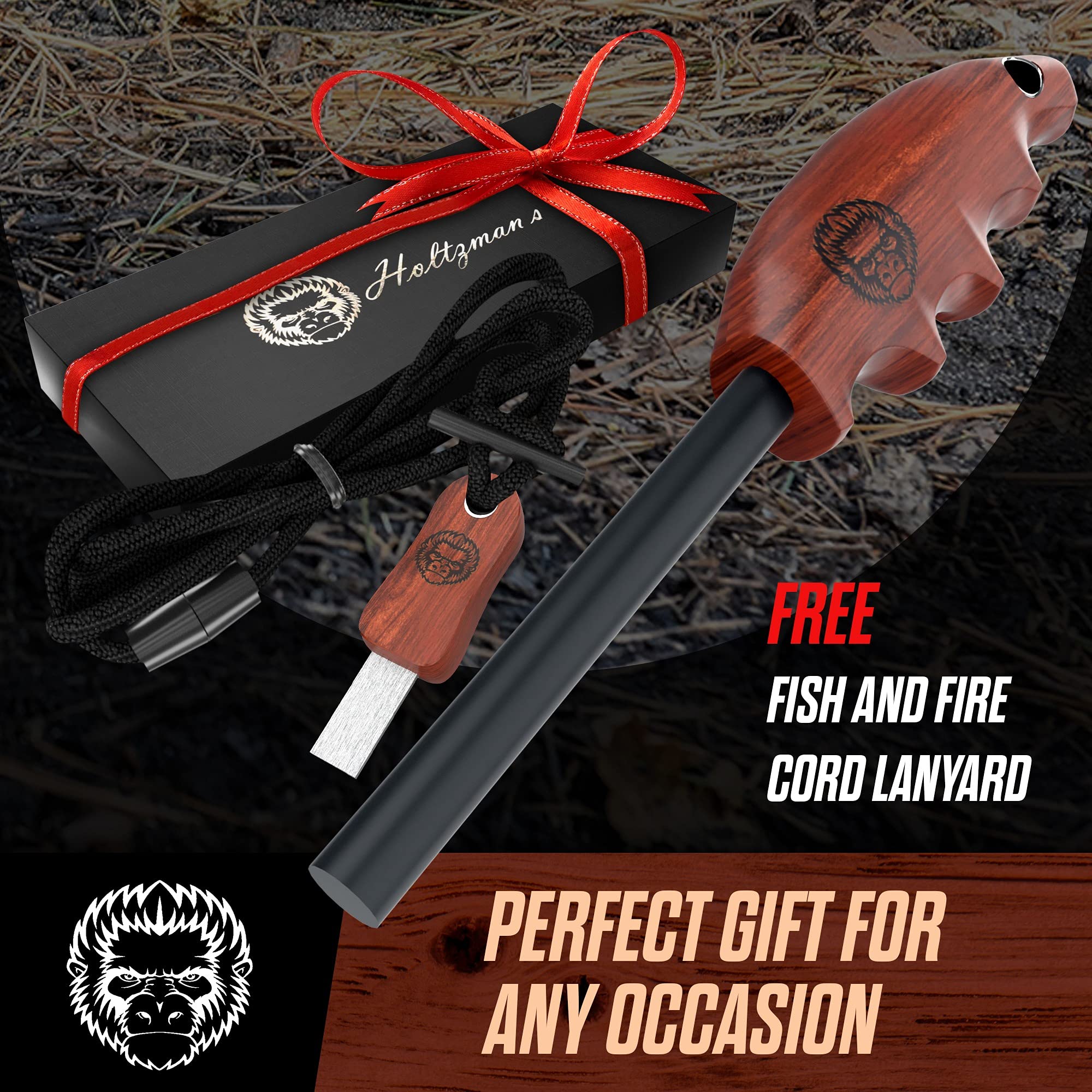 Wood Handle Fire Starter Ferro Rod Gift Set W/Finger Grip Survival Bushcraft Gear (Dark Brown)