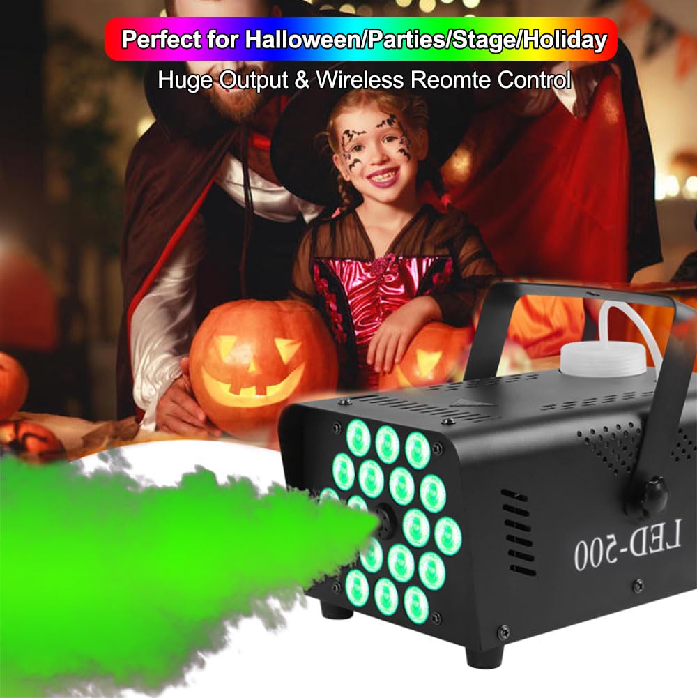 upstartech 500W Fog Machine with 13 Colorful Lights Effect and18 LED light, Portable Smoke Machine 2000CFM Fog with 2 Wireless Remote Control, Automatic Outdoor Fog Machine Parties Wedding Halloween
