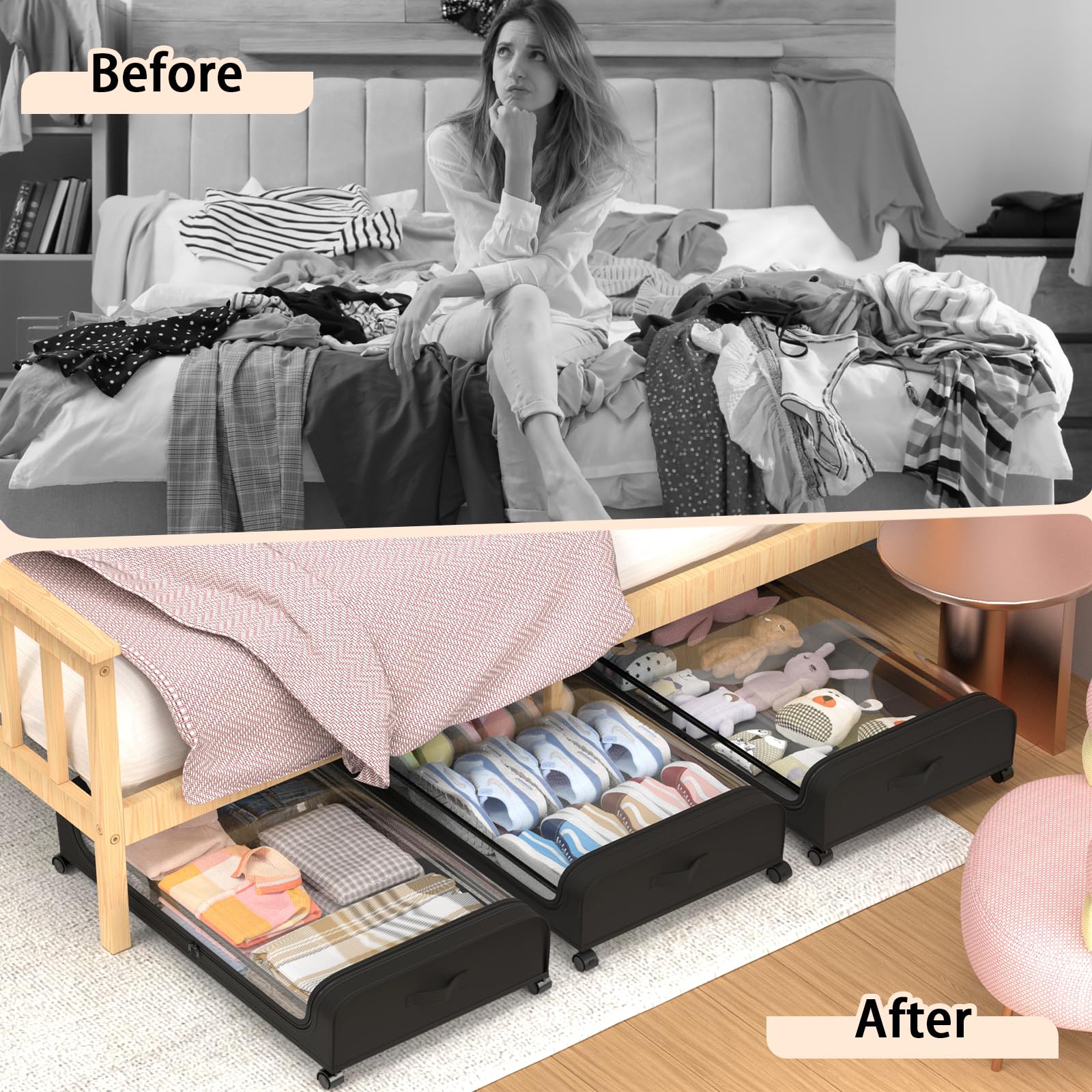 Under Bed Storage Drawers with Wheels and Lid - 48L×2 Pack Under Bed Shoe Storage Organizer - Large Under Bed Storage Bins for Dorm, Couch - Rolling Underbed Storage Containers - Elegant Black