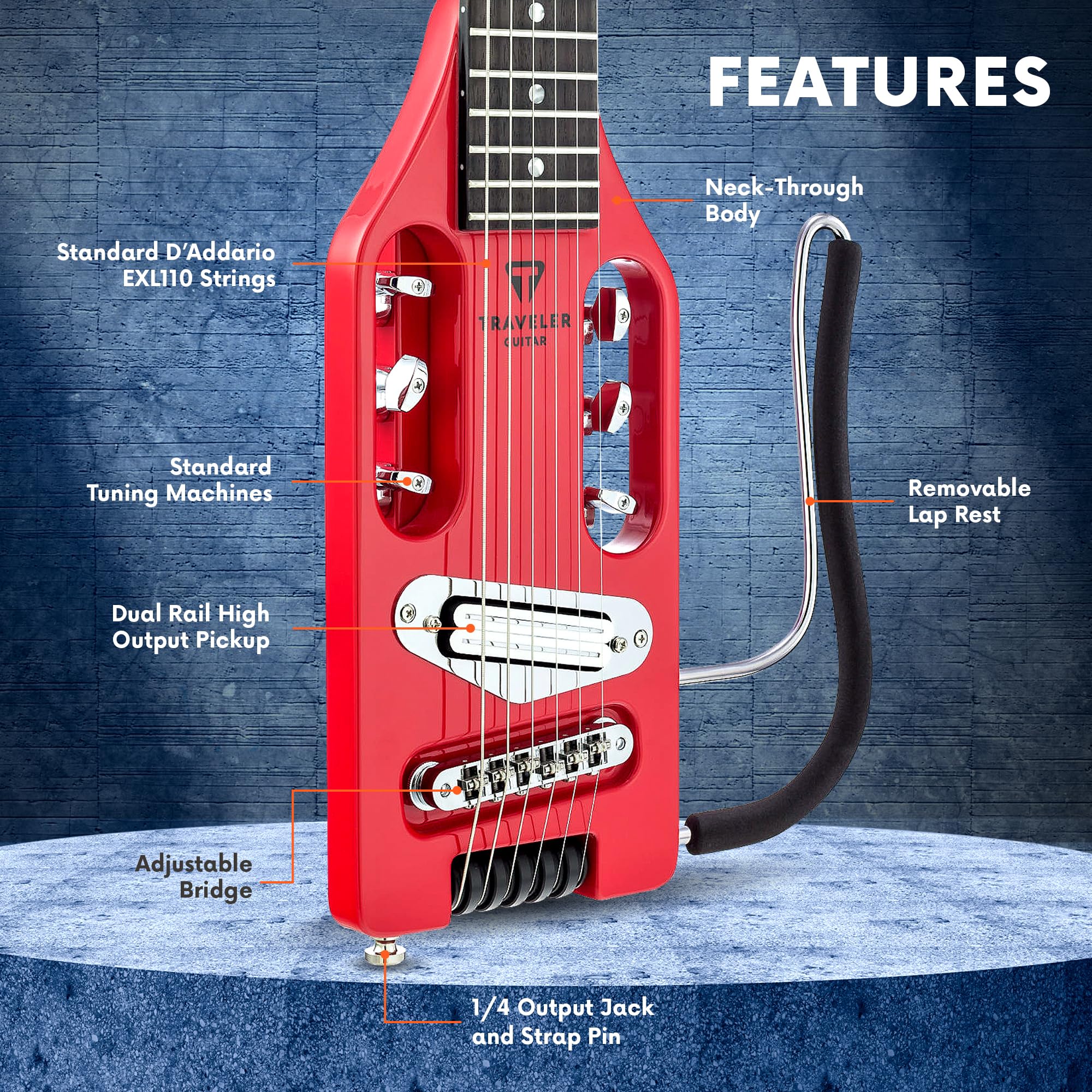 Traveler Guitar Ultra-Light Torino Red Electric Guitar | Small Electric Guitar with Removable Lap Rest | Full 24 3/4" Scale Travel Guitar | Portable Mini Guitar | Headless Guitar with Custom Gig Bag
